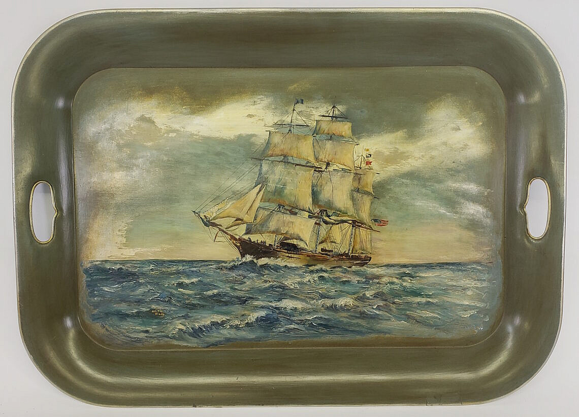 Antique Ship Painted Tole Tray - Antique Nautical Maritime Paint ...