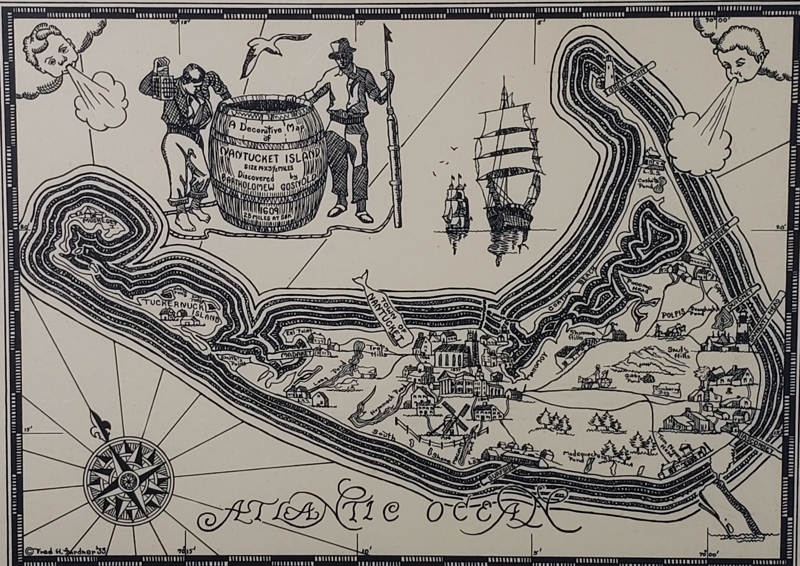 Fred Gardner Pictorial Nantucket Map - Vintage Fred Gardner Pictorial ...