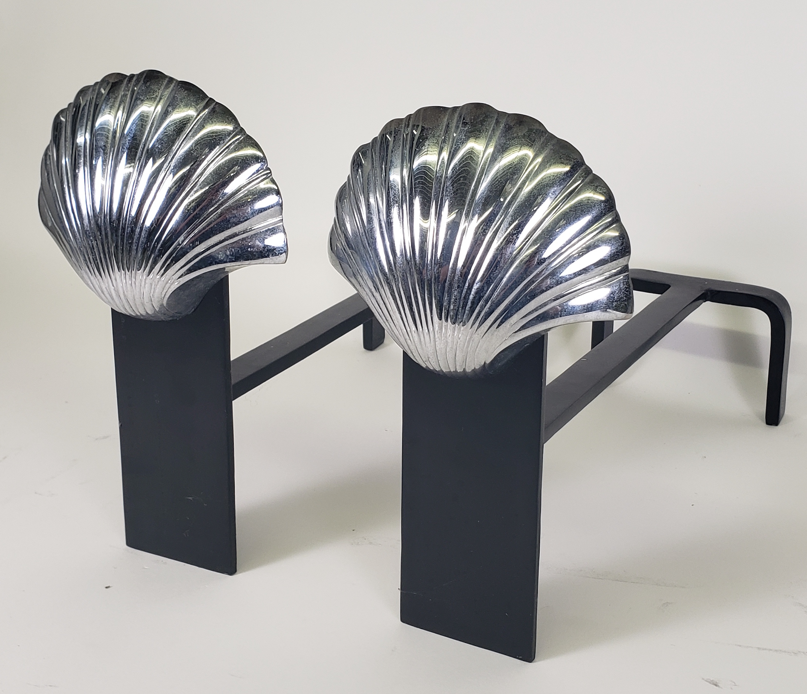 Modern Chrome Scallop Shell Andirons - Pair of Modern Chrome Scallop ...