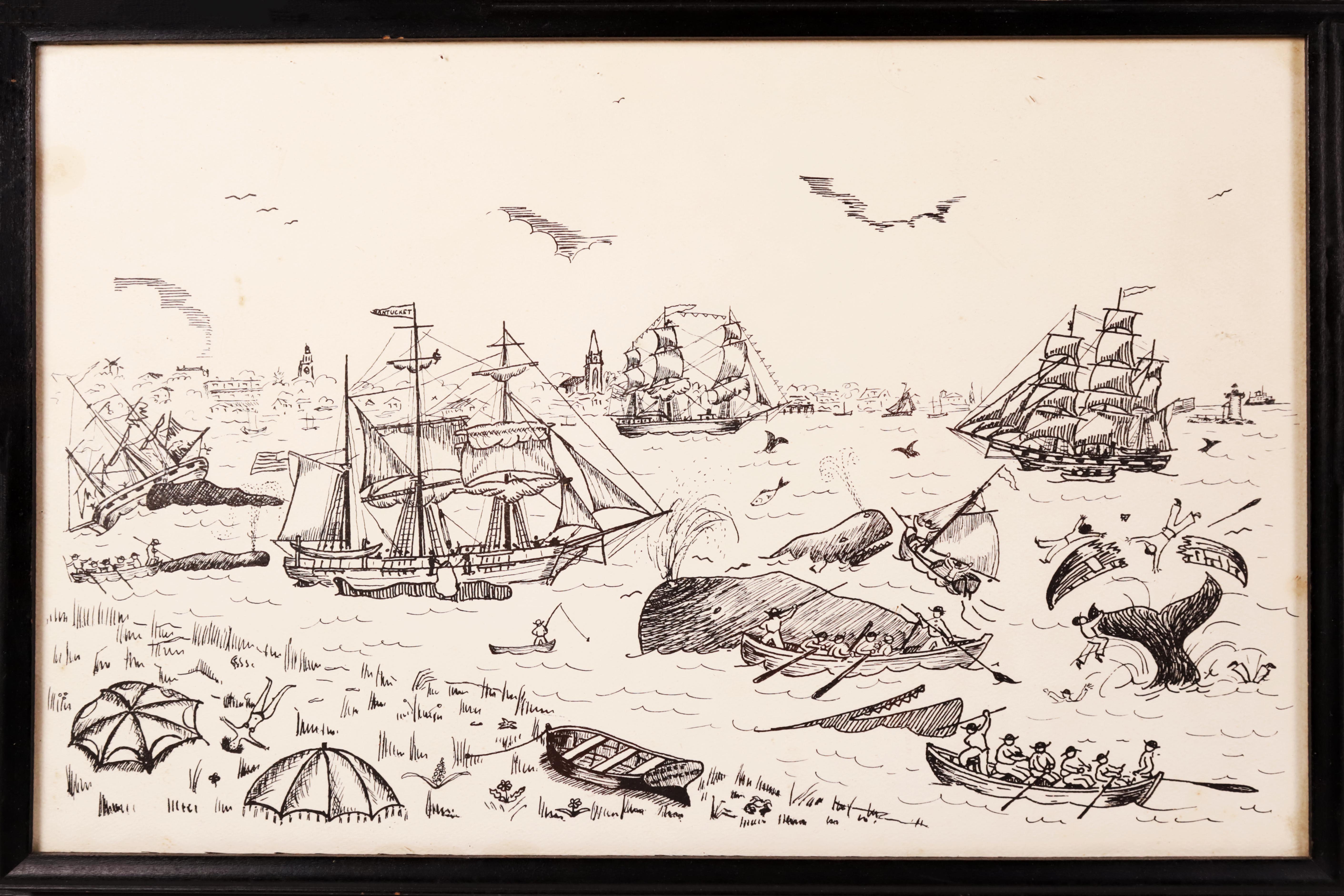 Unusual Pen and Ink Nantucket Harbor Scene 20th Century - Unusual Pen ...