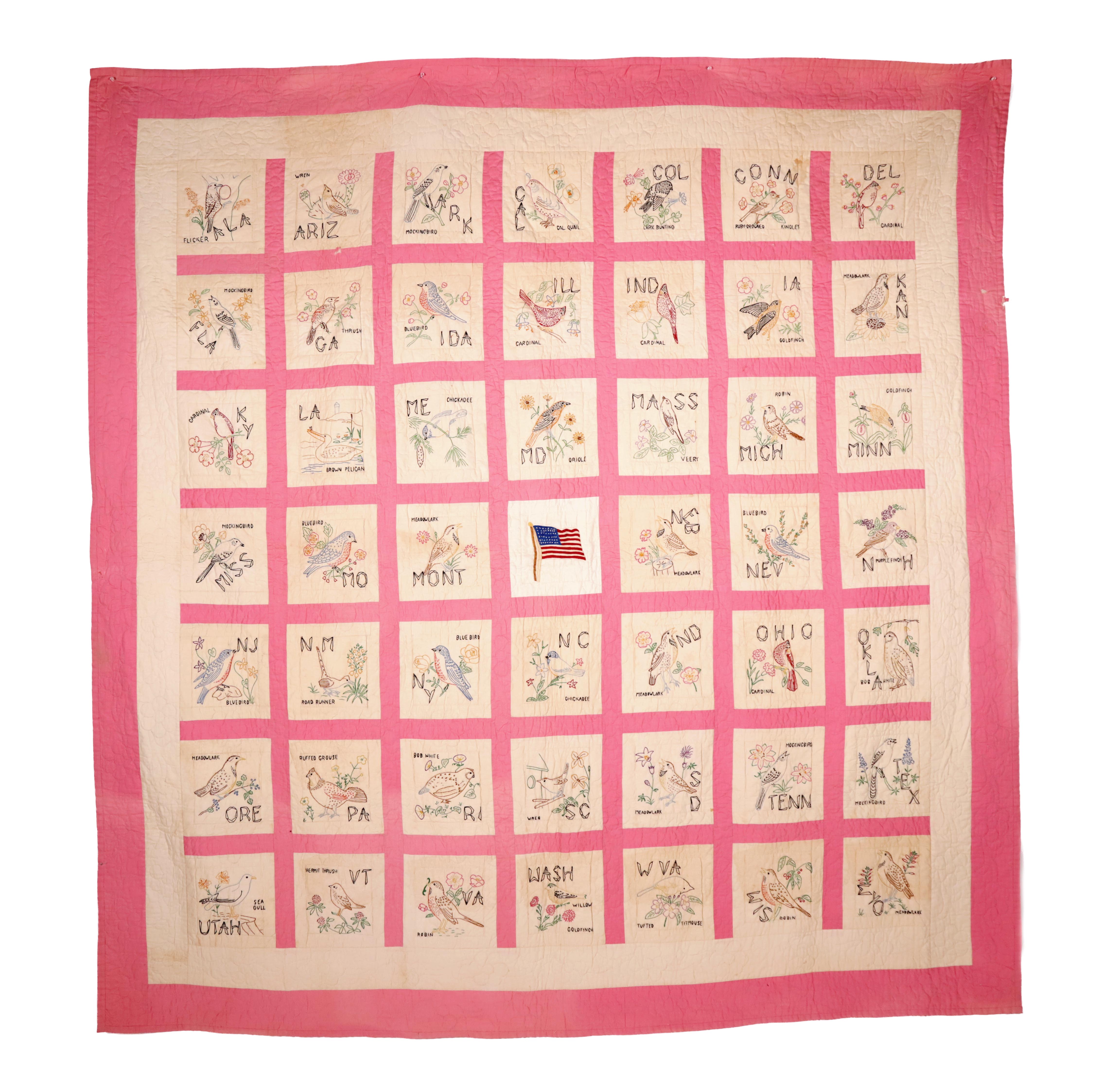Vintage Embroidered State Birds Of America Quilt Depicting 48 States ...