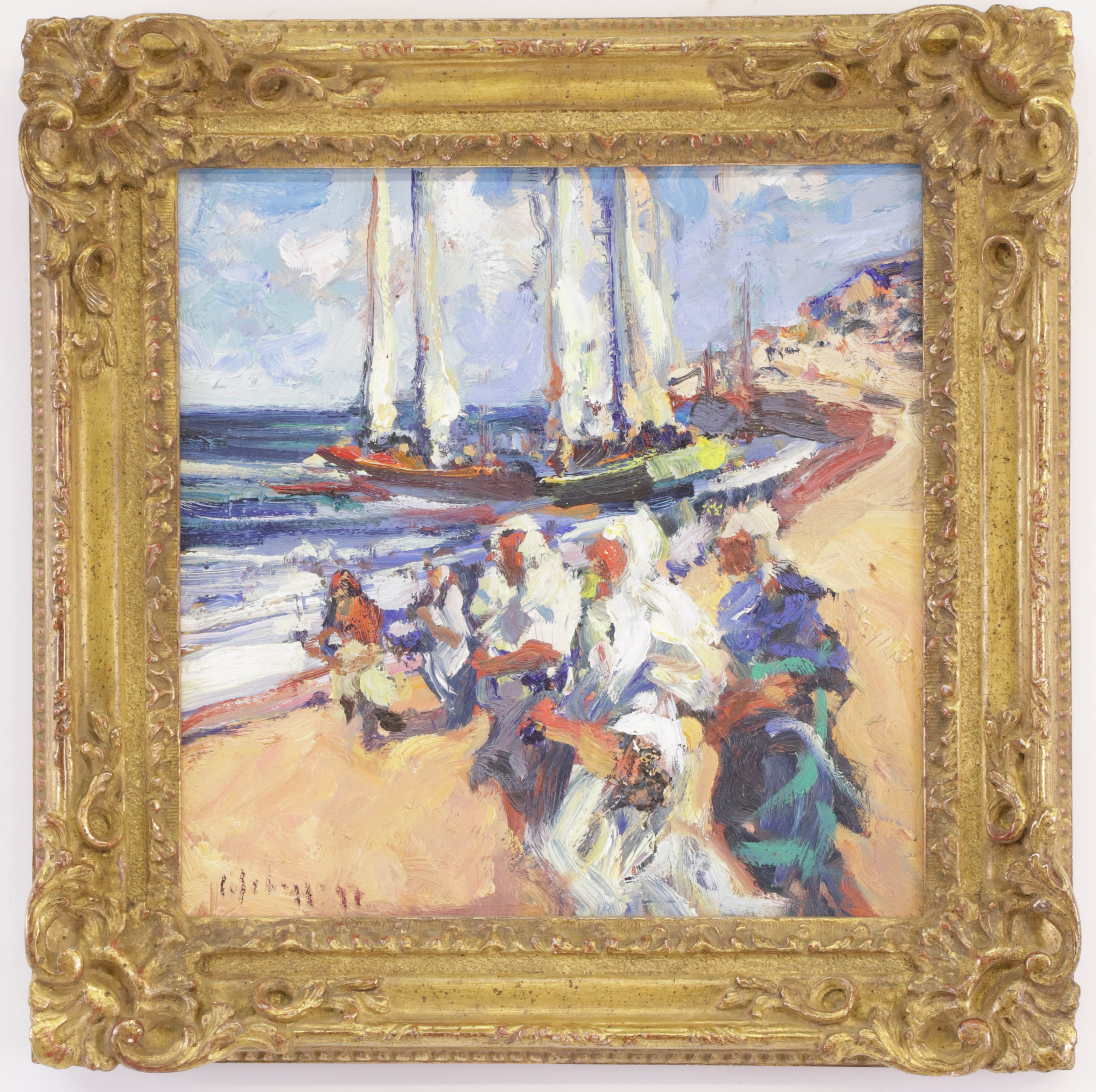 Claudio Scheffer Oil on Board "Beach Scene" 20th Century - Claudio ...