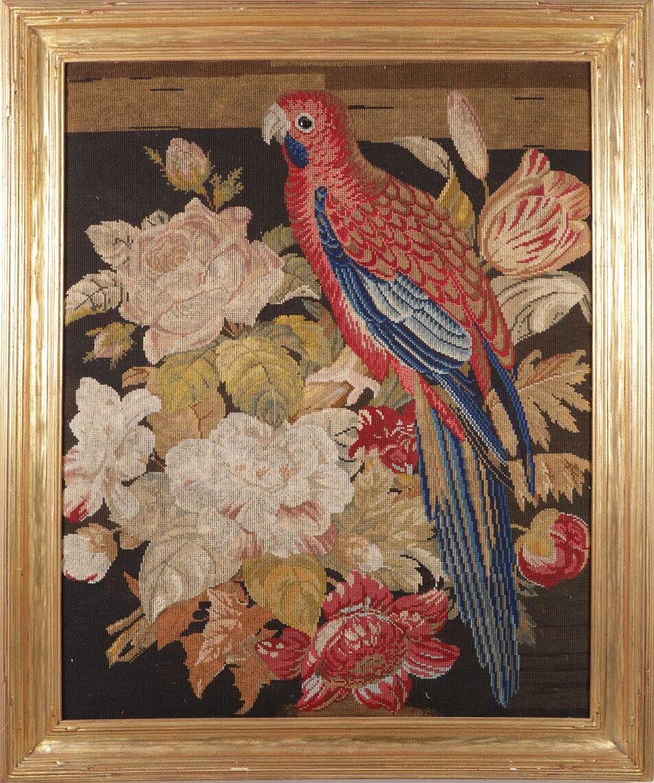 Large Antique Needlework Embroidery "Parrot Amongst Flowers" - Large ...