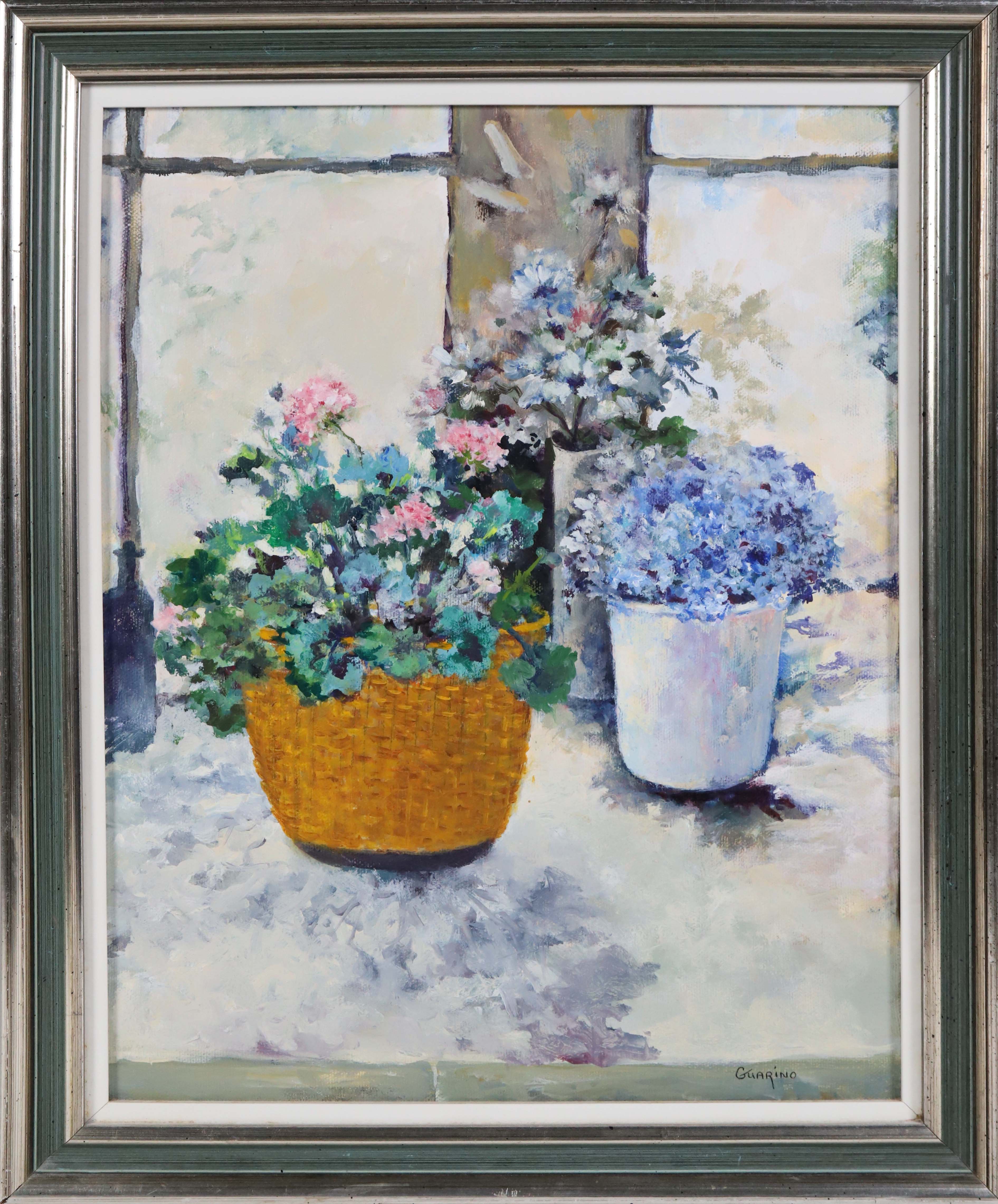 Peter Guarino Oil on Canvas Flowers in a Basket - Peter Guarino Oil on ...