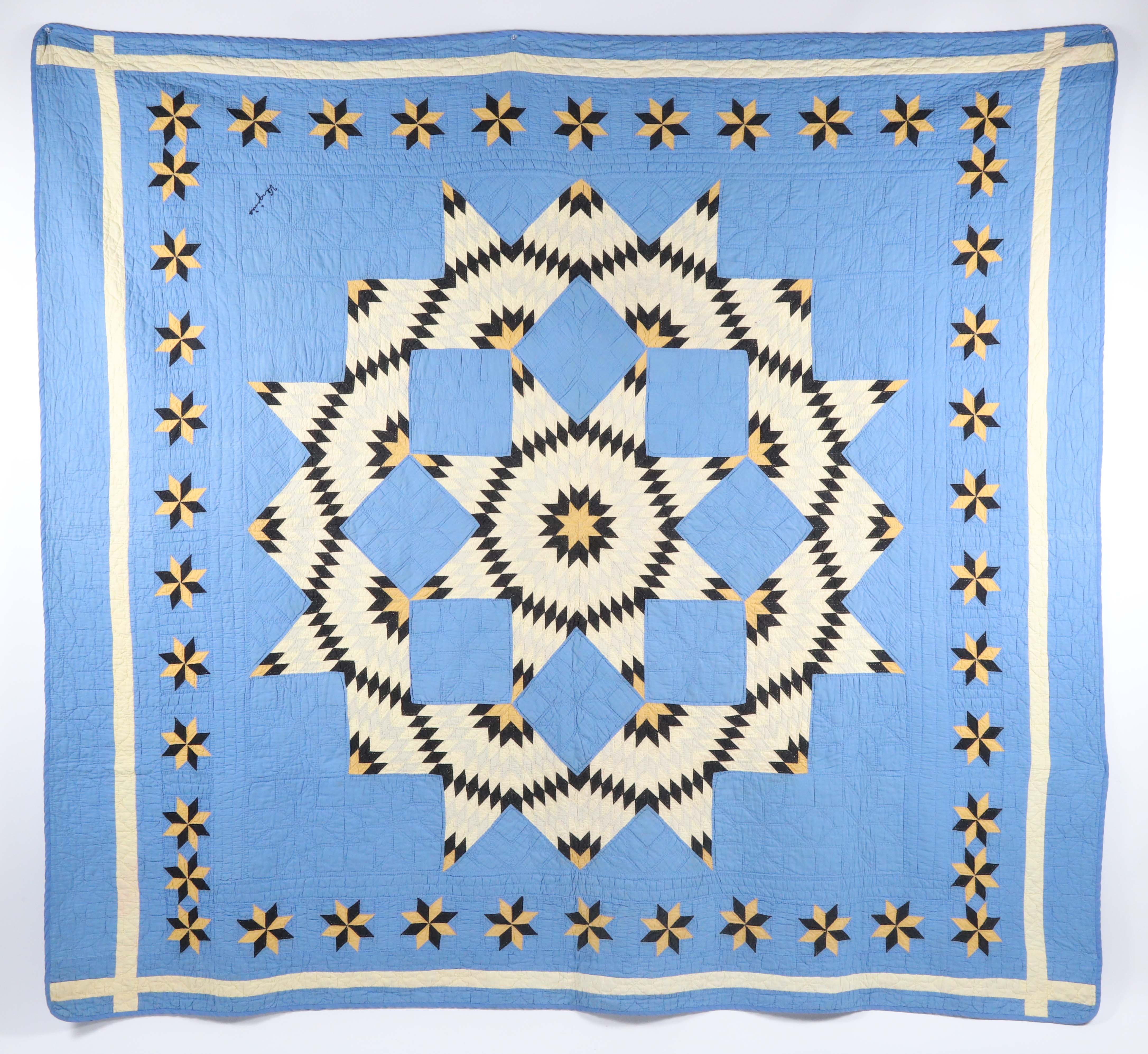 Colorful Broken Star Patchwork Quilt on Cadet Blue Ground circa 1930s ...