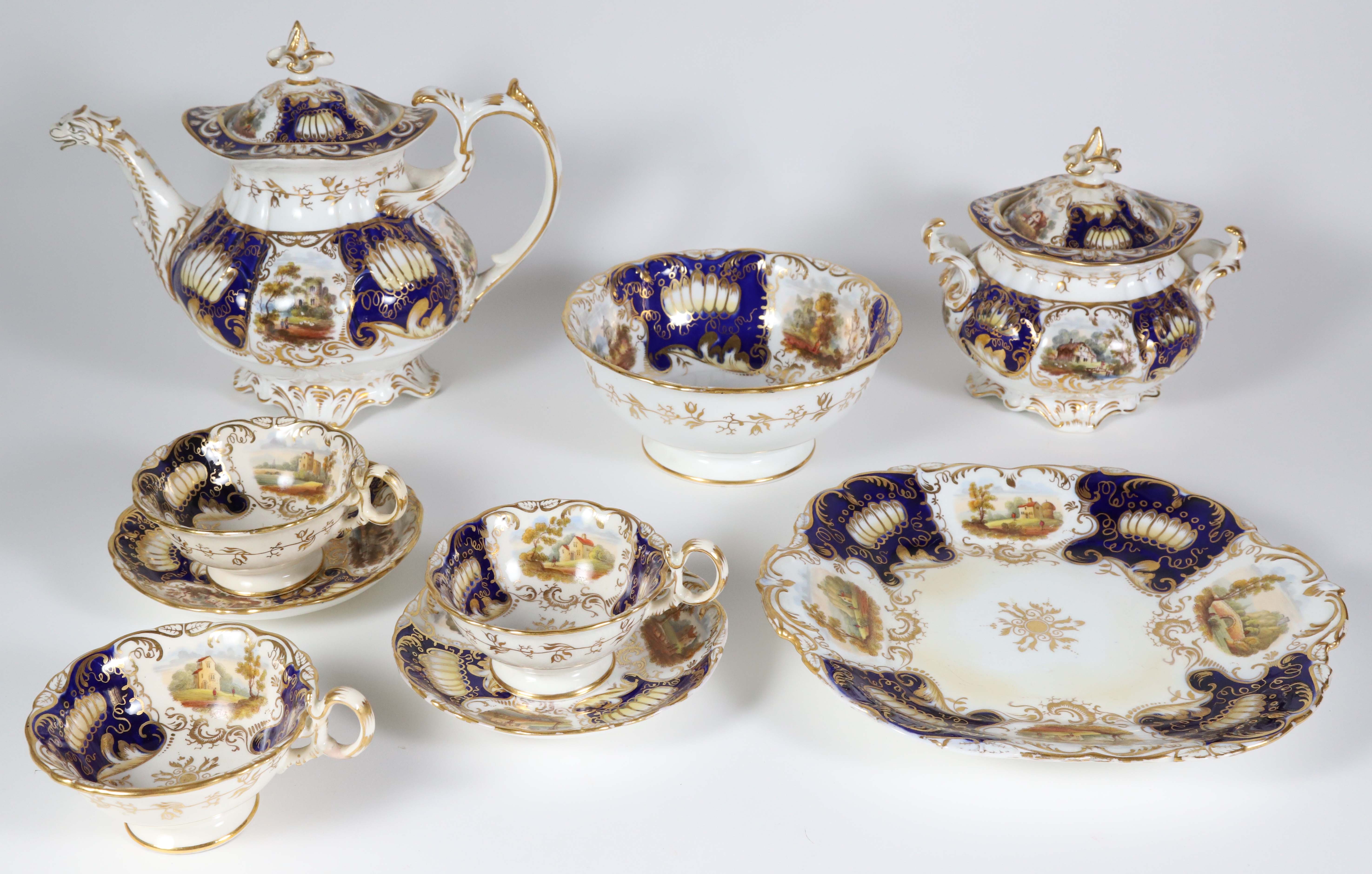 Rockingham Cobalt Blue Hand Painted Porcelain Partial Tea Set, 19th ...