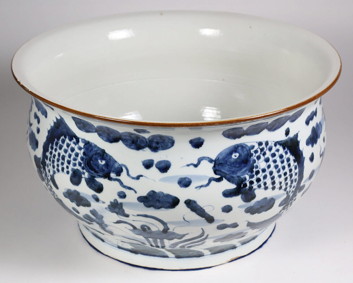 Contemporary Blue and White Canton Style Fish Bowl - Contemporary Blue ...