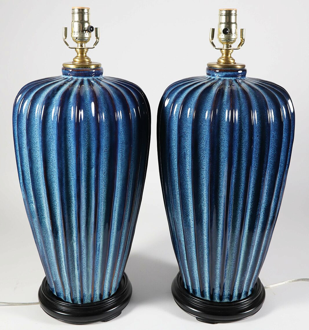 Pair of Contemporary Blue Fluted Ceramic Lamps on Teak Bases - Pair of ...