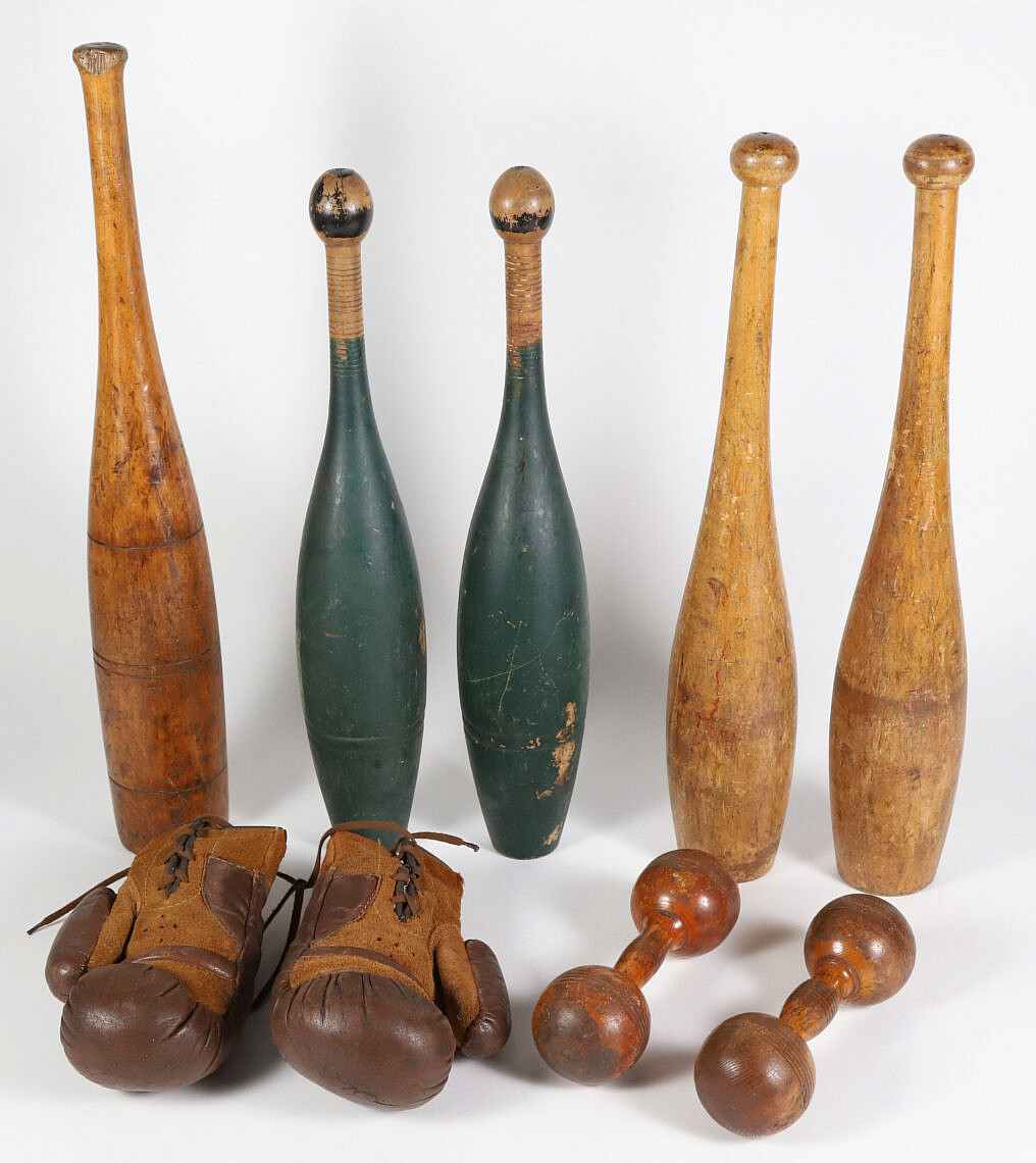 Group of Five Wooden Indian Clubs Boxing Gloves and Wooden Dumbbells ...