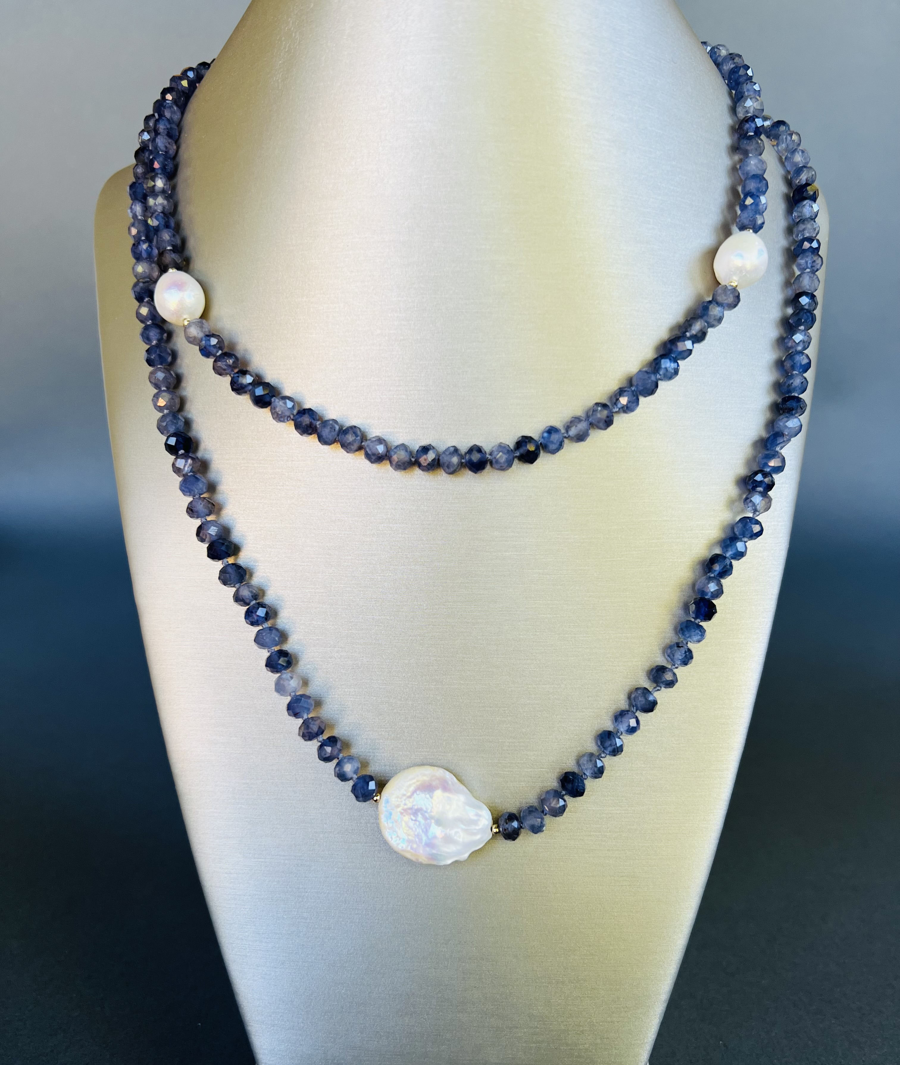 Faceted Iolite Bead and Baroque Pearl Necklace - Faceted Iolite Bead ...