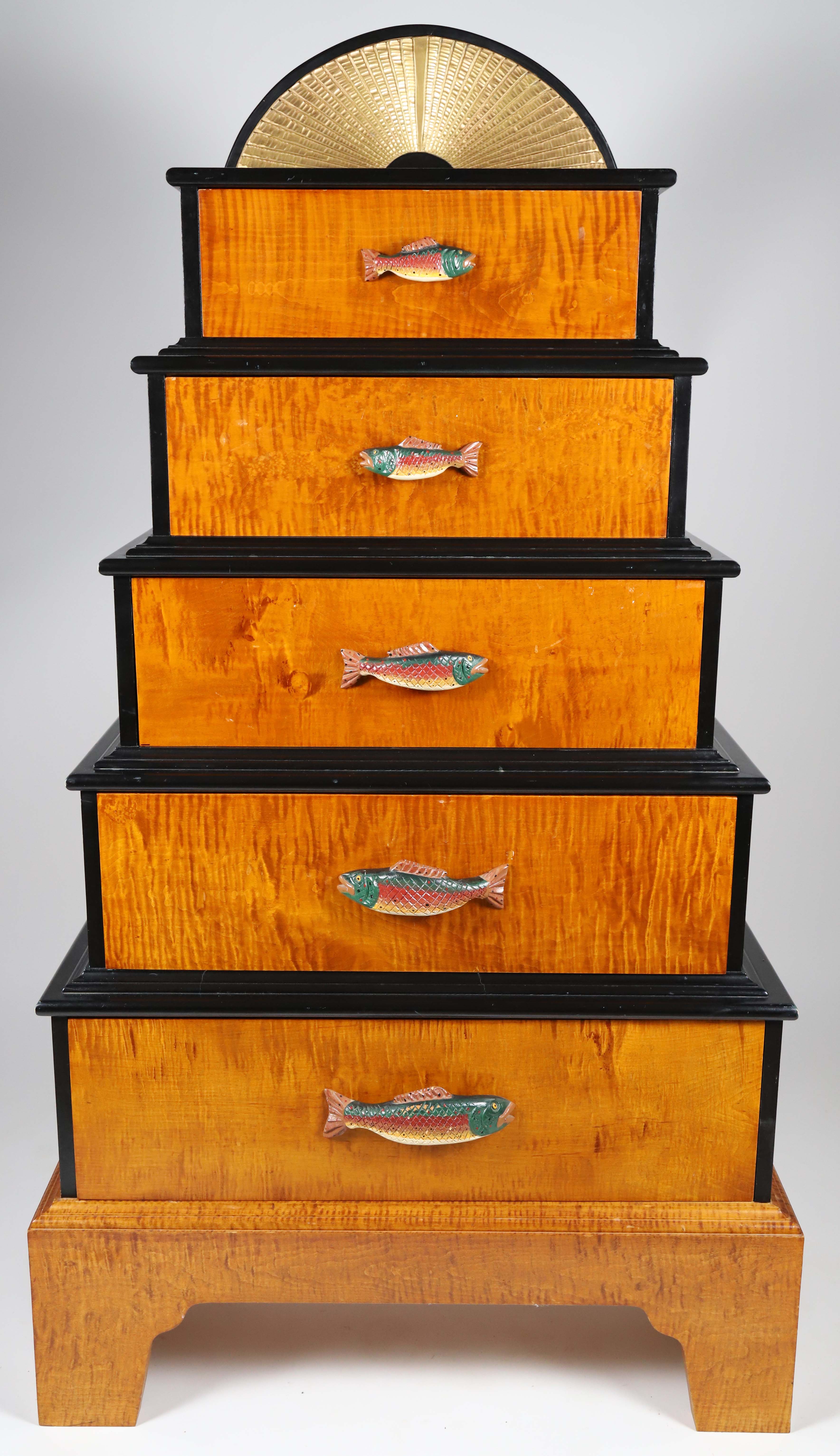 Custom Stephen Huneck Folk Art Tiger Maple Graduated Chest of Drawers ...