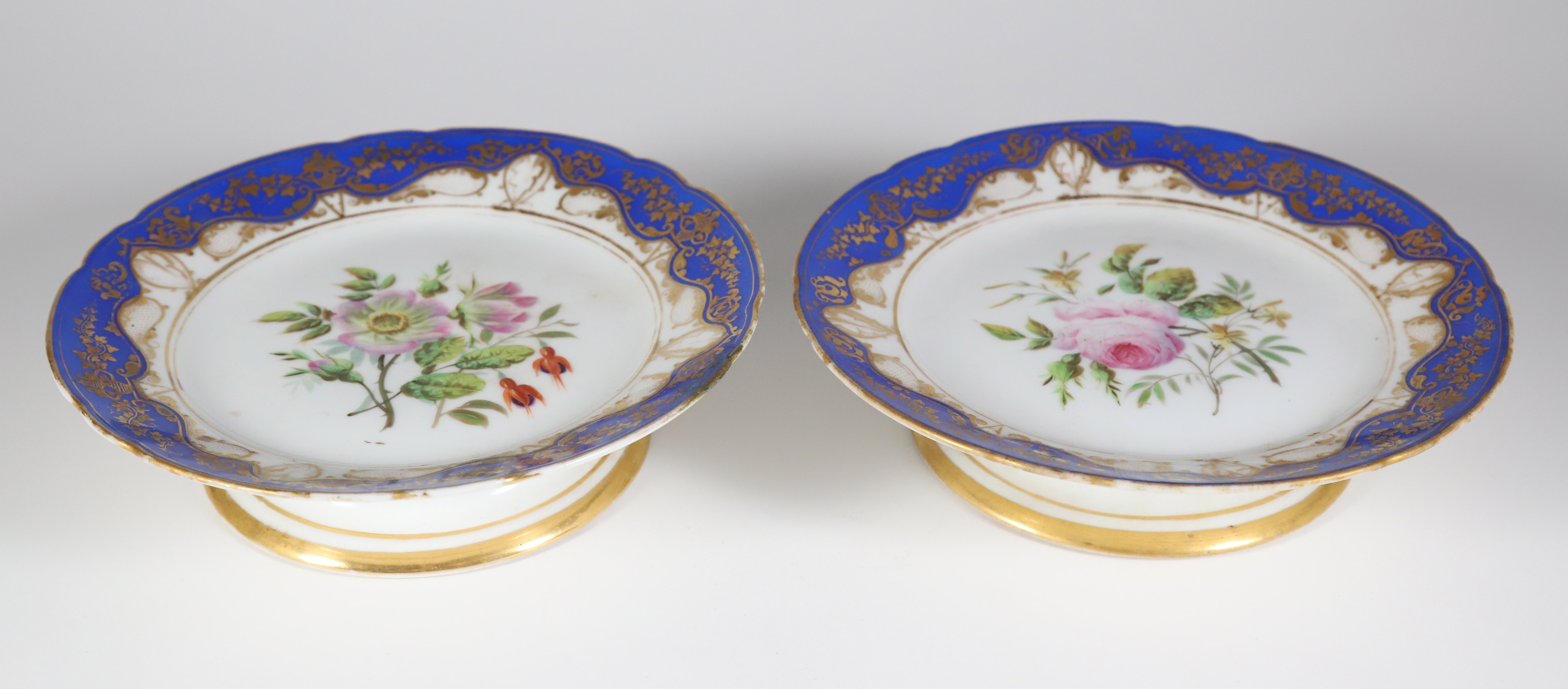 Pair Floral Decorated Porcelain Compotes with Cobalt Blue Rims, 19th ...