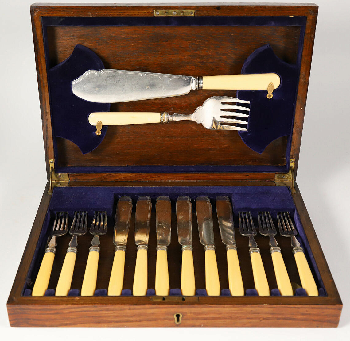 Antique Boxed Set of Fish Knives and Forks with Two Serving Pieces ...