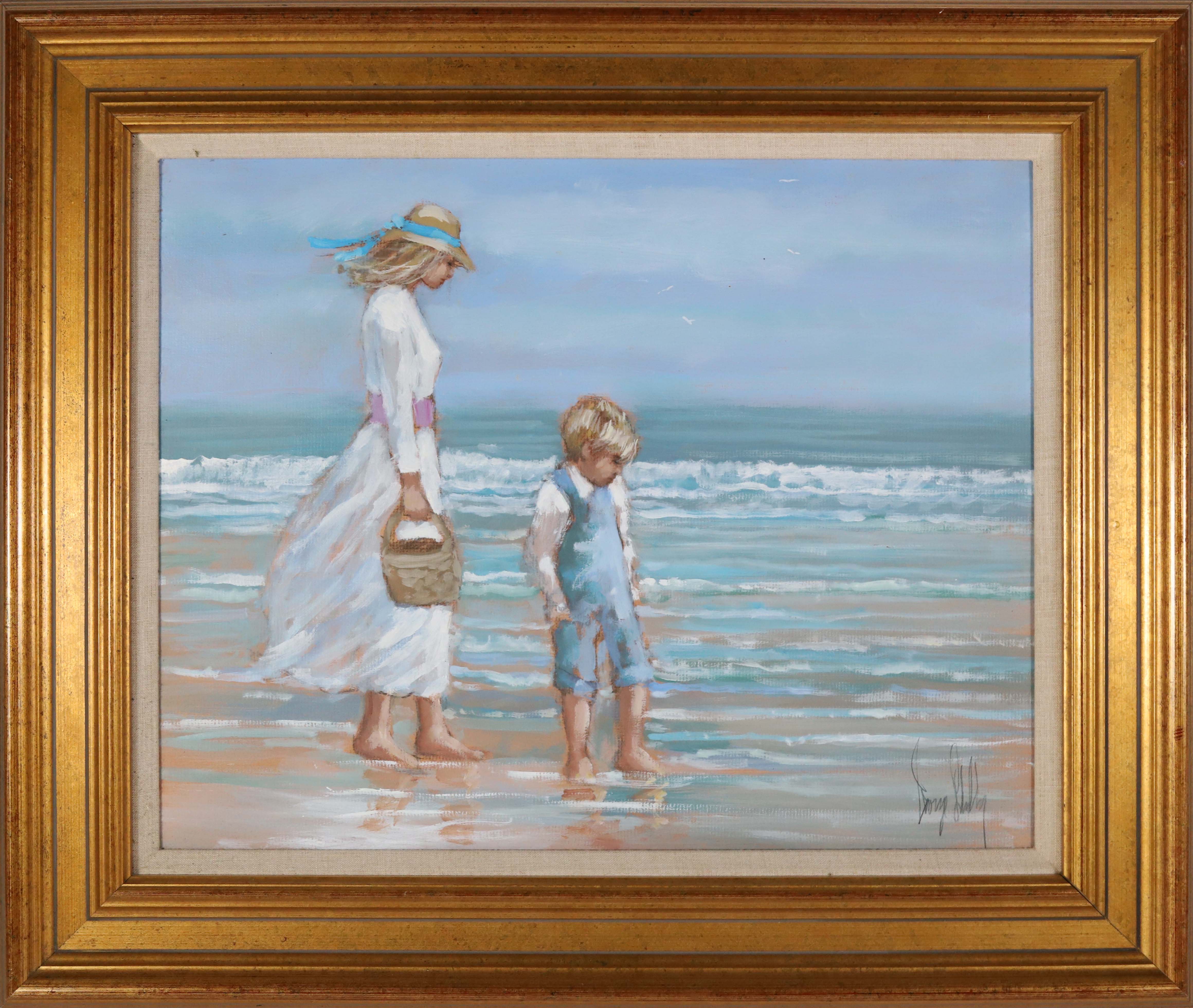 Cape Cod School Oil on Artist Board, "Mother and Son Collecting ...