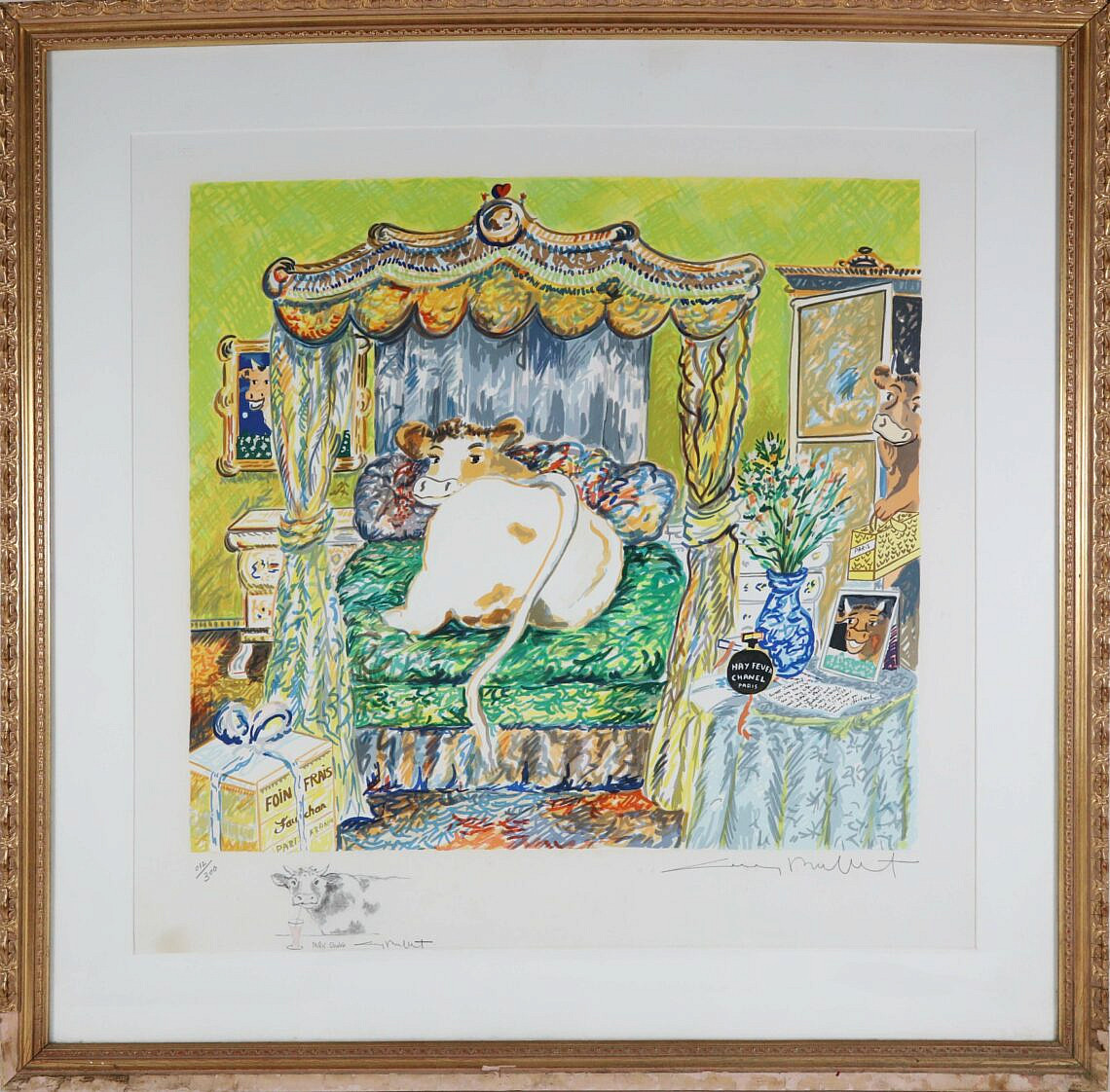 Guy Buffett Limited Edition Colored Lithograph "Cow in a Canopy Bed ...