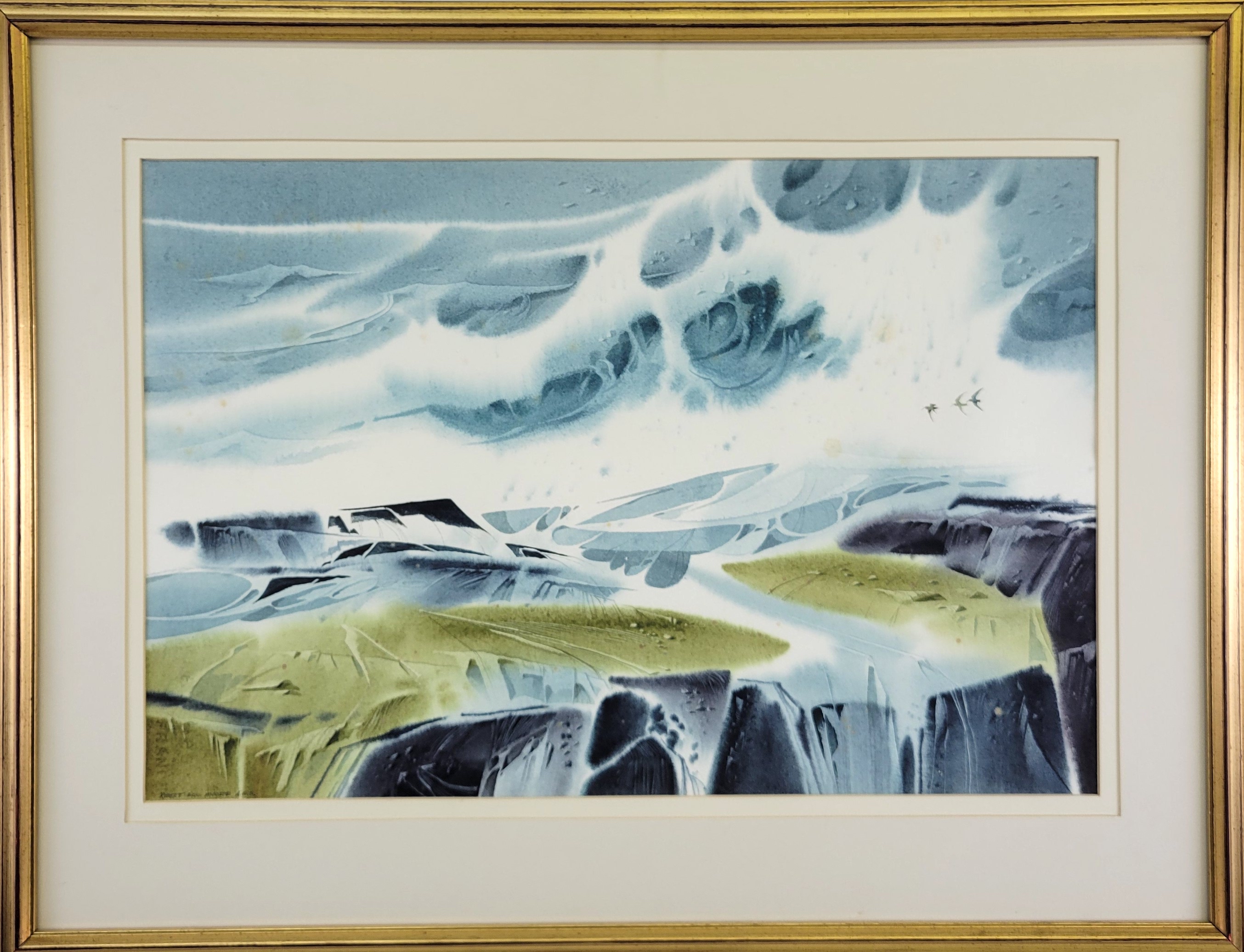 Robert Eric Moore (1927-2006) Modernist Watercolor “Windbirds Going ...
