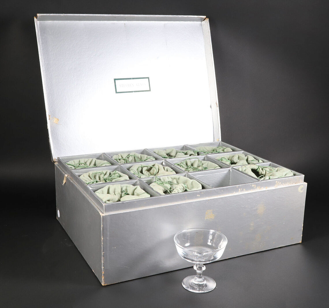 Set of Twelve Signed Steuben Champagne Glasses Original Green Felts and ...
