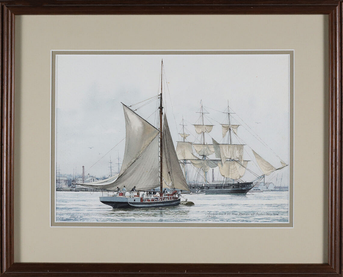 Victor Mays (American 1927-2015) Watercolor "Anchor Hoy and U.S. Sloop ...