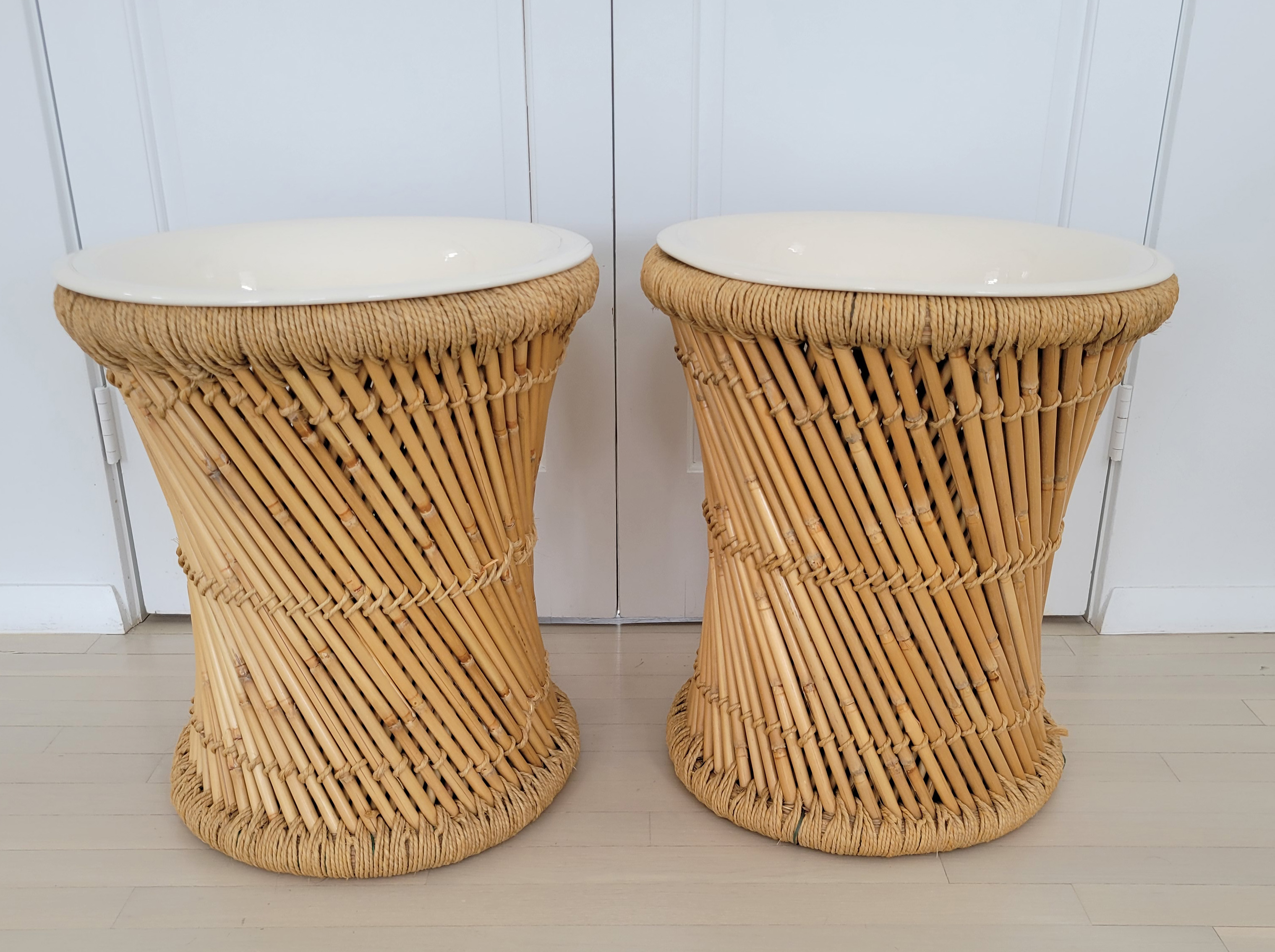 Pair of Serena & Lily Bamboo and Ceramic Basin Taborets - Pair of ...