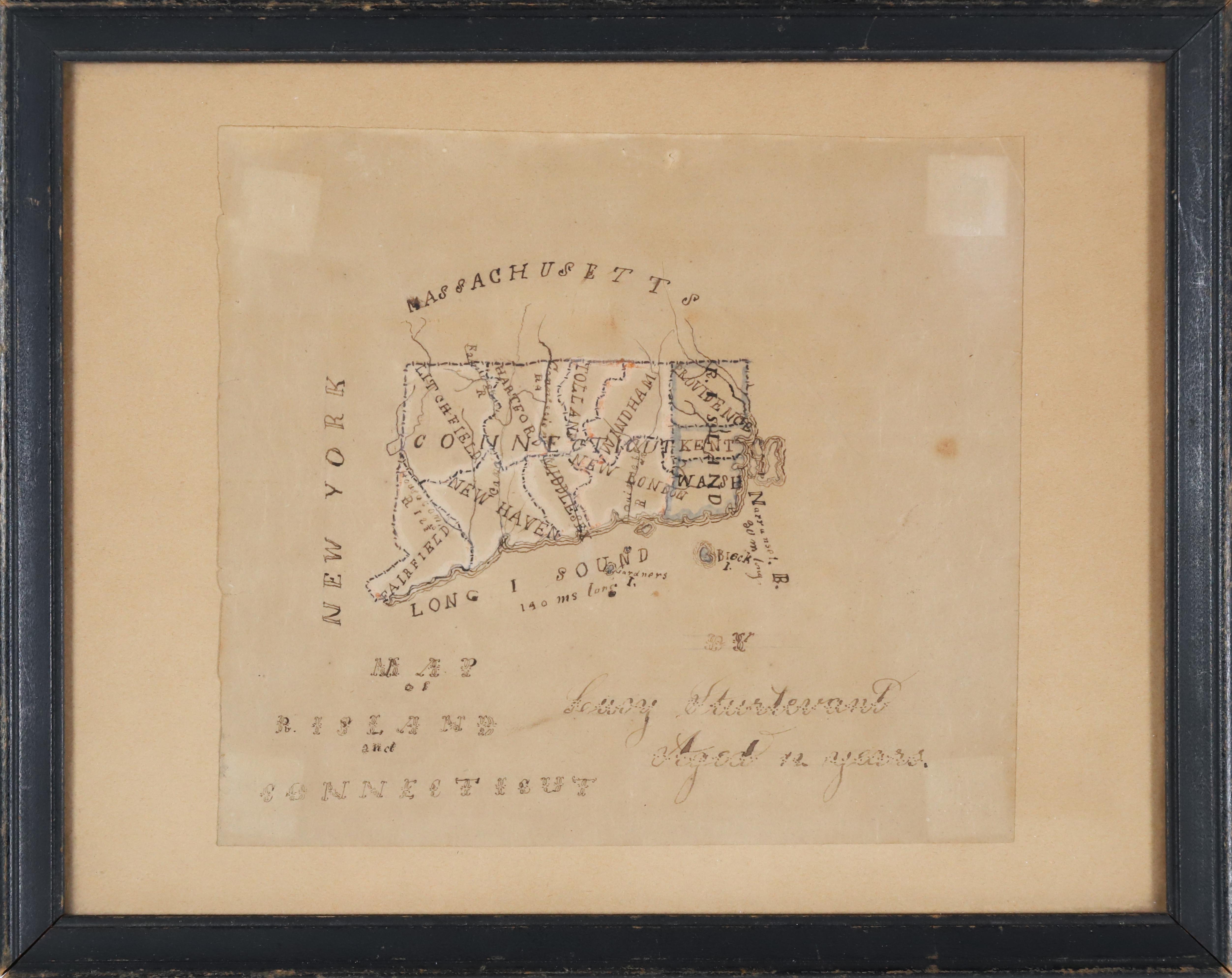 American Folk Art School Girl Hand Drawn Map of Connecticut and Rhode ...