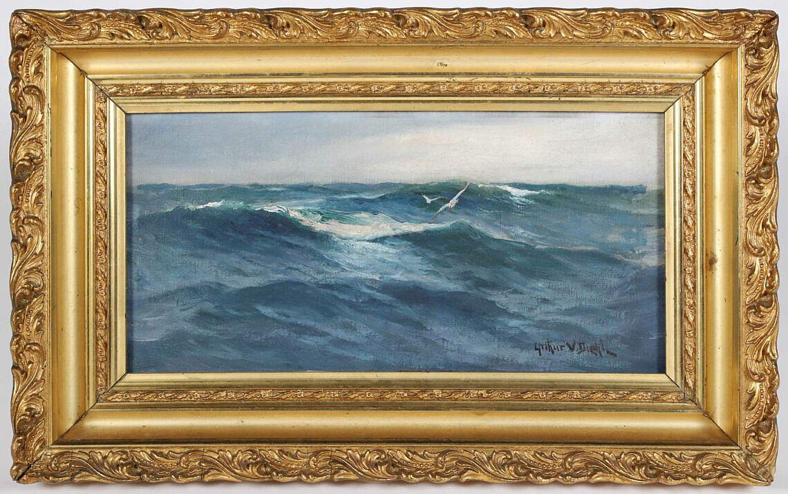 Arthur V. Diehl (1870-1929) Oil on Canvas "Gulls Soaring Over Ocean ...