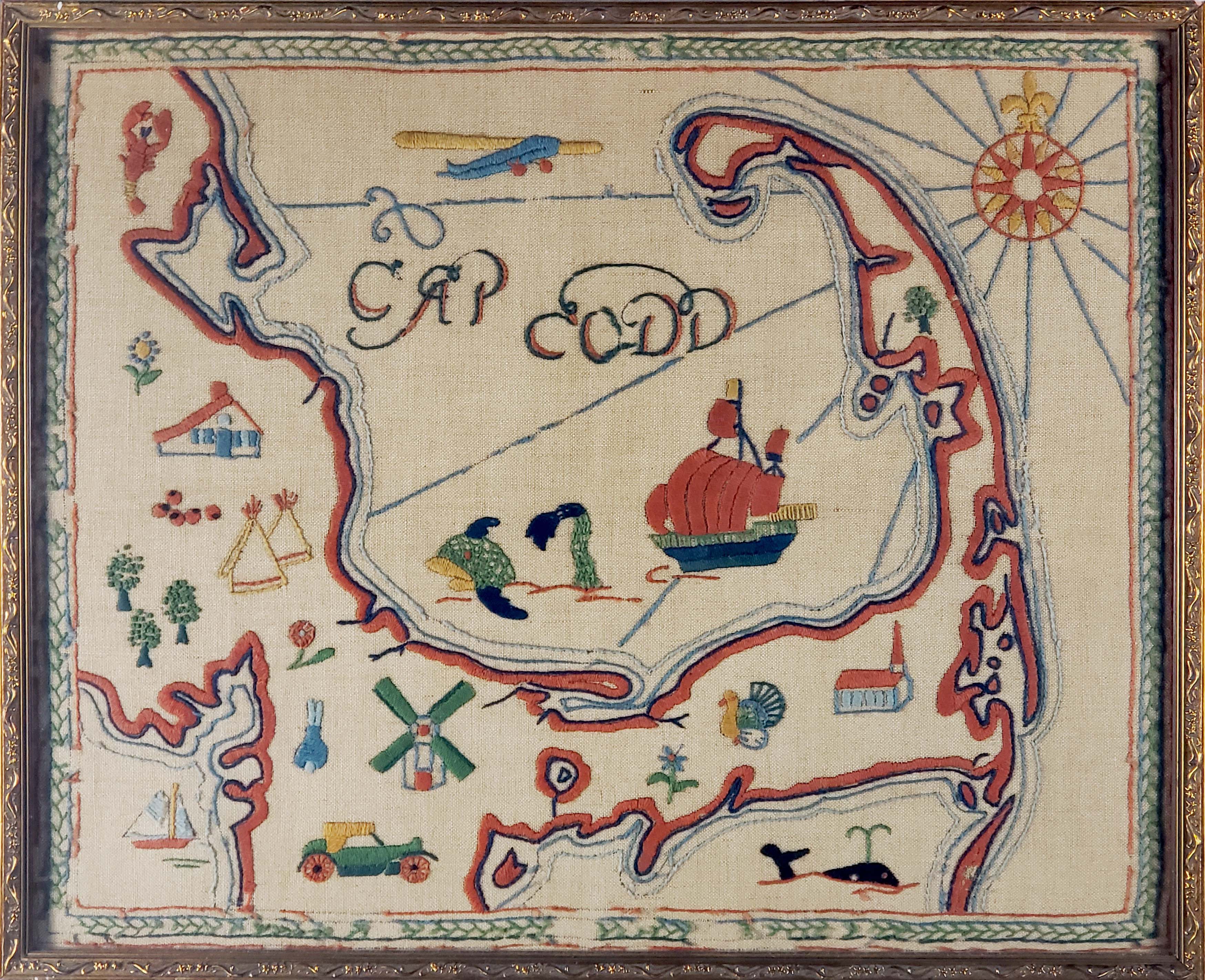 Antique Cape Cod Map Needlework - Vintage Pictorial Cape Cod Stitched ...