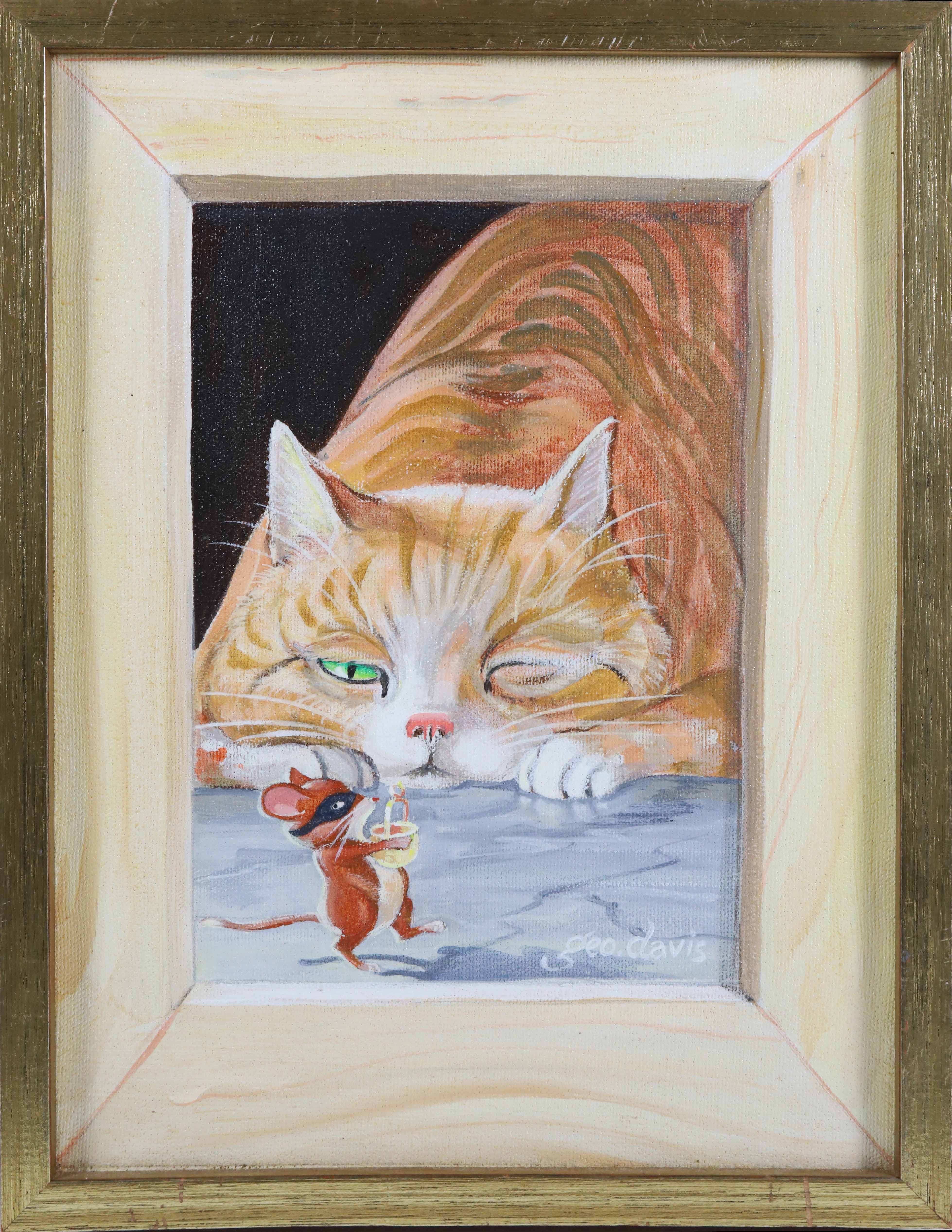 George Davis Oil on Canvas "Portrait of a Sleepy Cat and Mouse ...