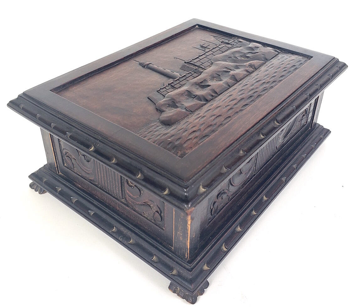 Antique Oak Carved Lighthouse Harbor Box - Antique Oak Relief Carved ...