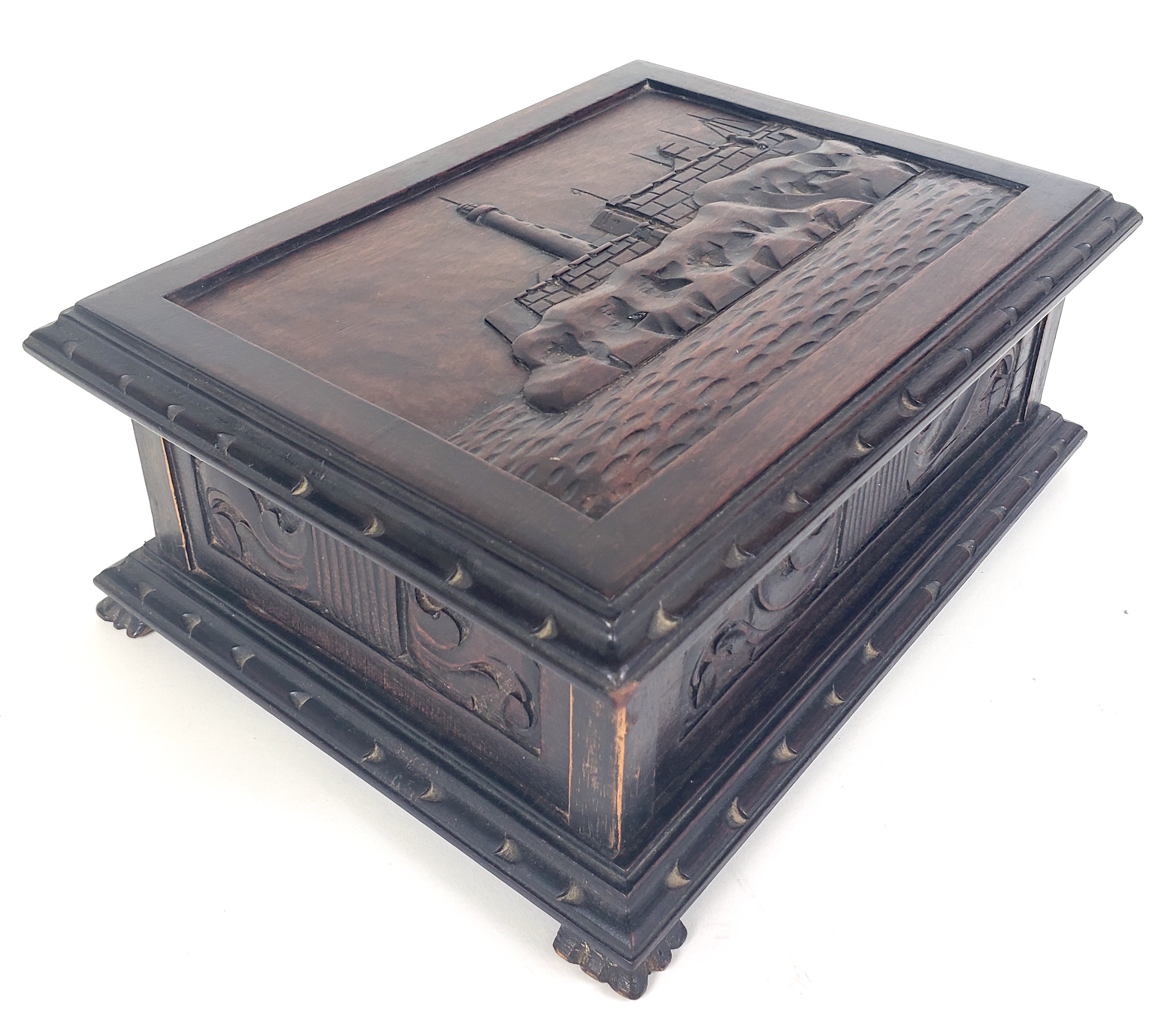 Antique Oak Carved Lighthouse Harbor Box - Antique Oak Relief Carved ...