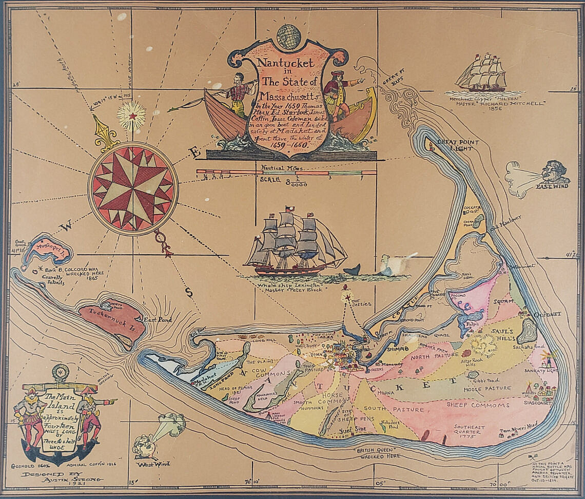Austin Strong Hand Colored Nantucket Map - Antique Austin Strong Hand ...