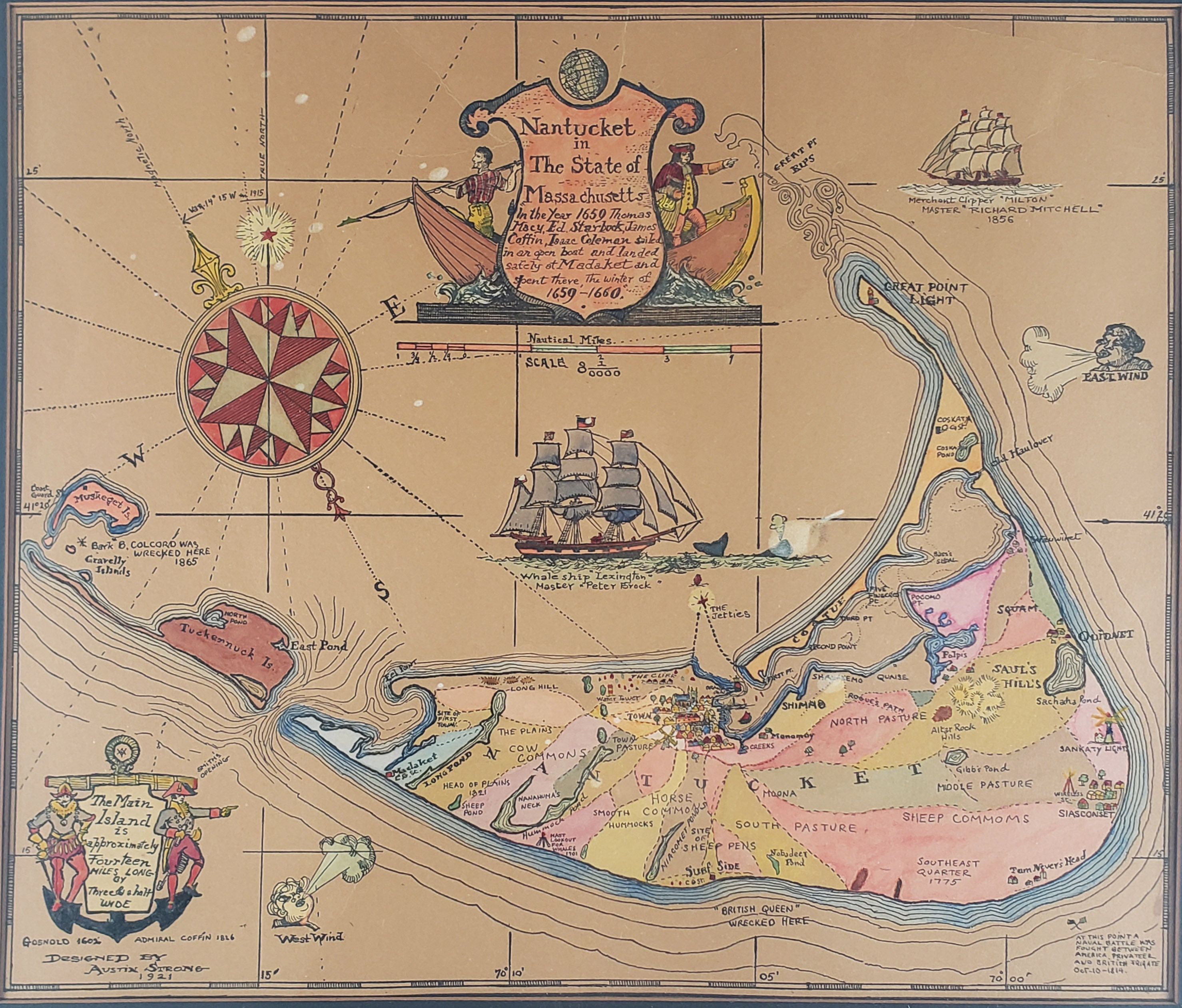 Austin Strong Hand Colored Nantucket Map - Antique Austin Strong Hand ...