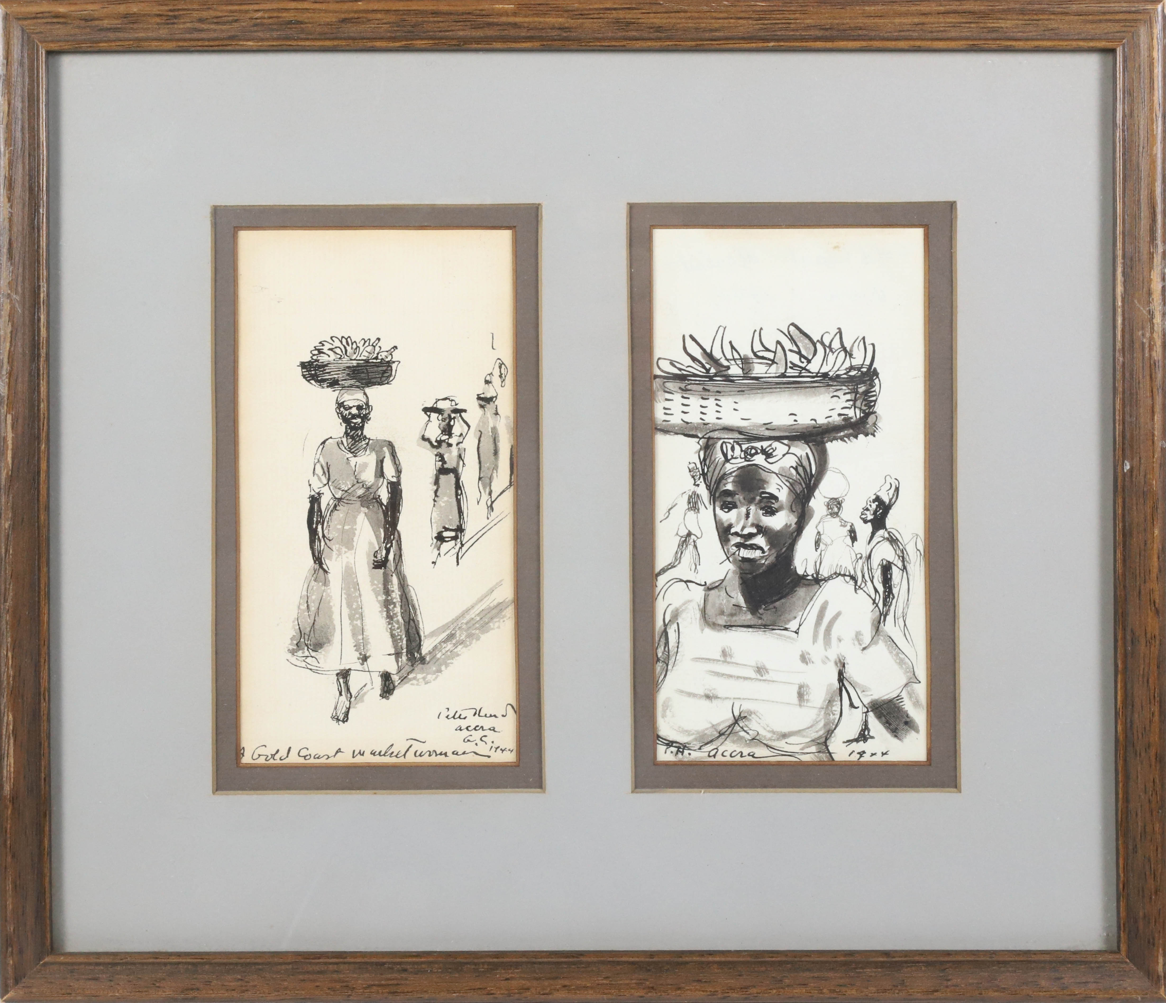 Peter Hurd Two Pen & Ink Drawings "A Gold Coast Market Woman" and ...