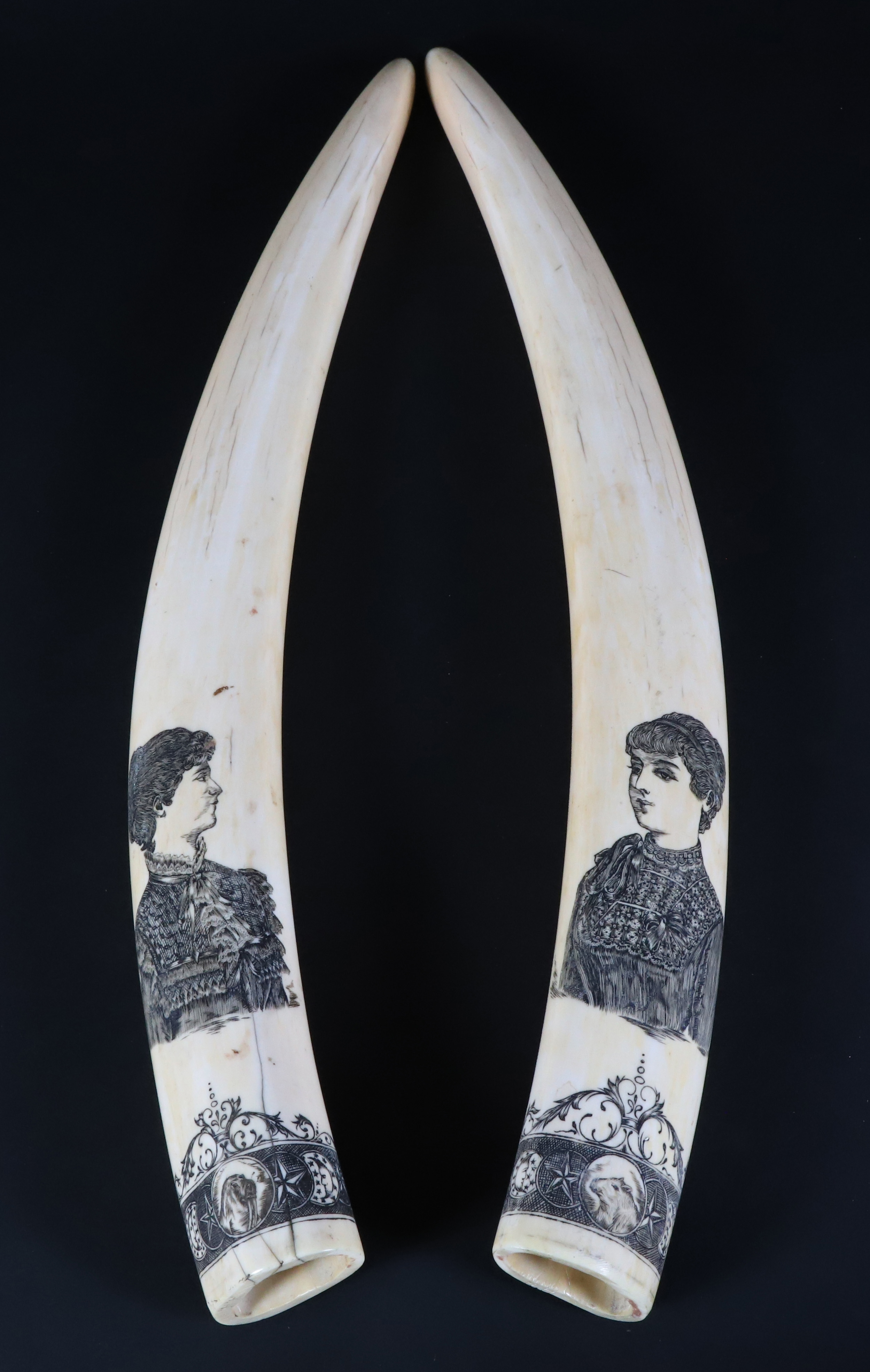 Pair of Whaleman Engraved Scrimshaw Walrus Tusks 19th century - Pair of ...