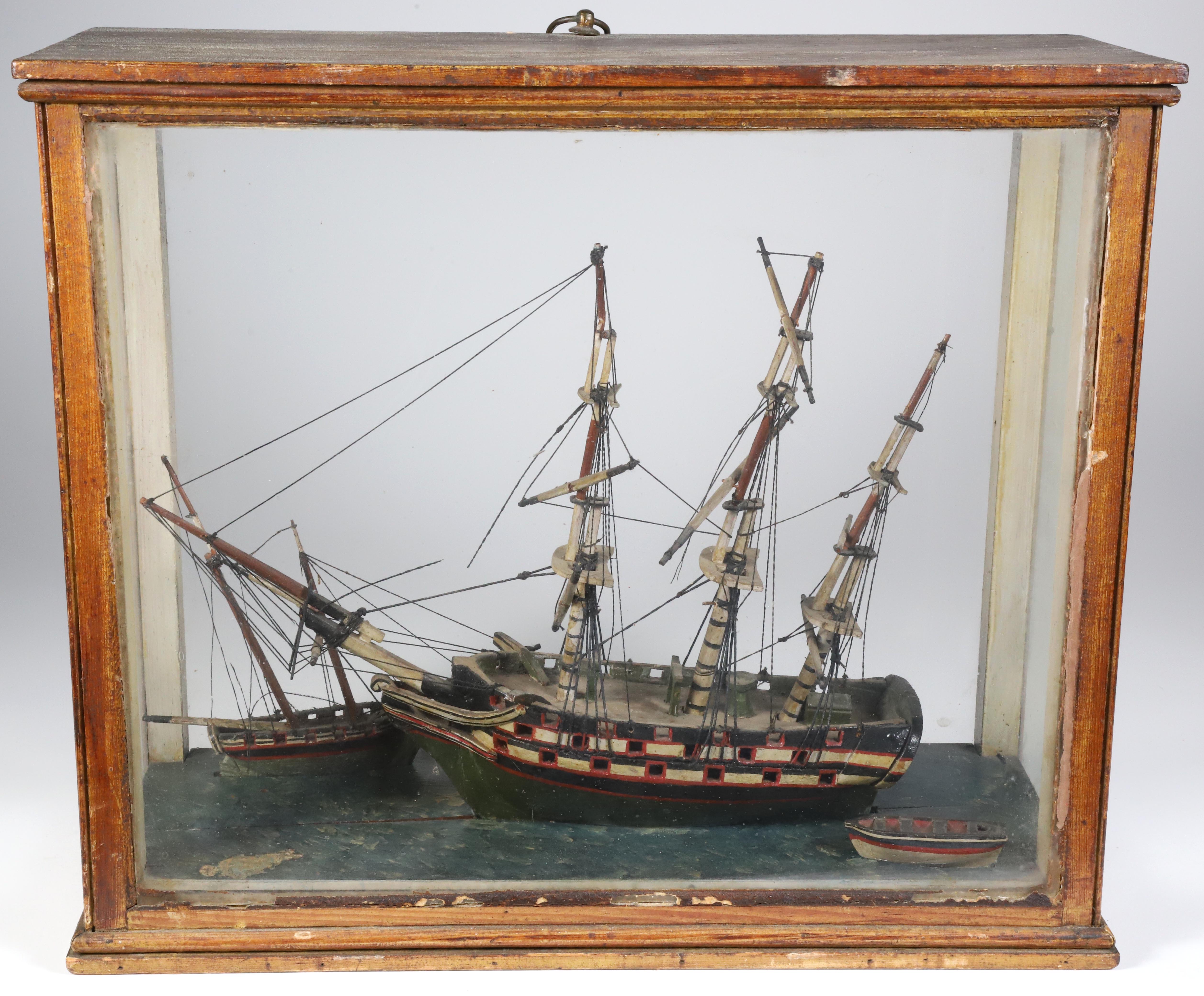 Antique Three-Mast Ship Model in Custom Case 19th Century - Antique ...