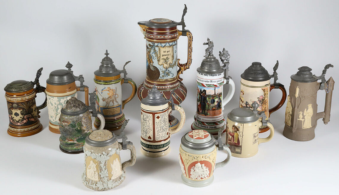 Collection of 12 Antique German Porcelain Beer Steins - Collection of ...