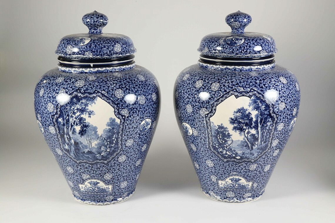 Pair of Antique Flamand Blue and White Transferware Covered Jars ...