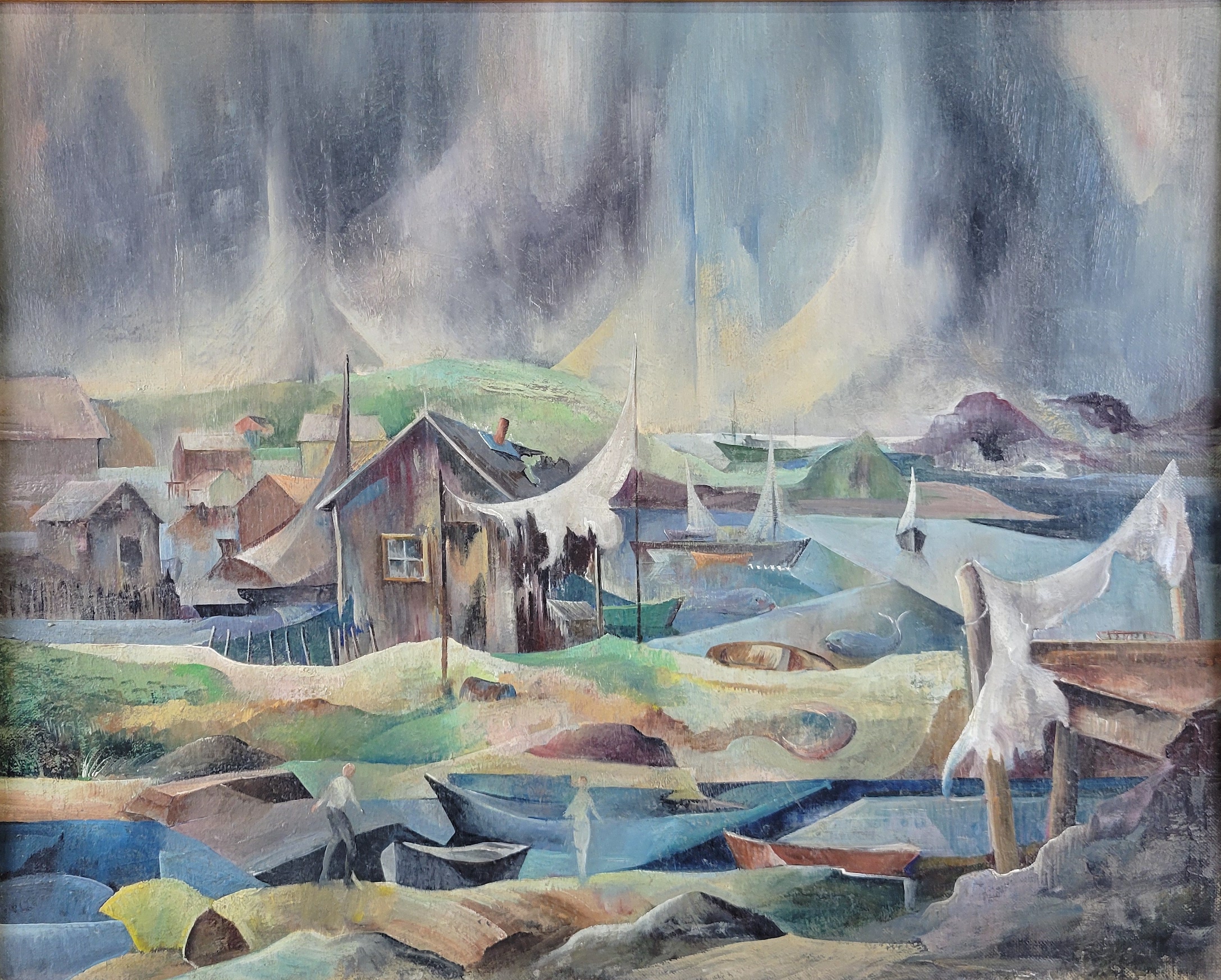 Louis Fusari Oil on Board Mid Century Modern Coastal Village Scene ...