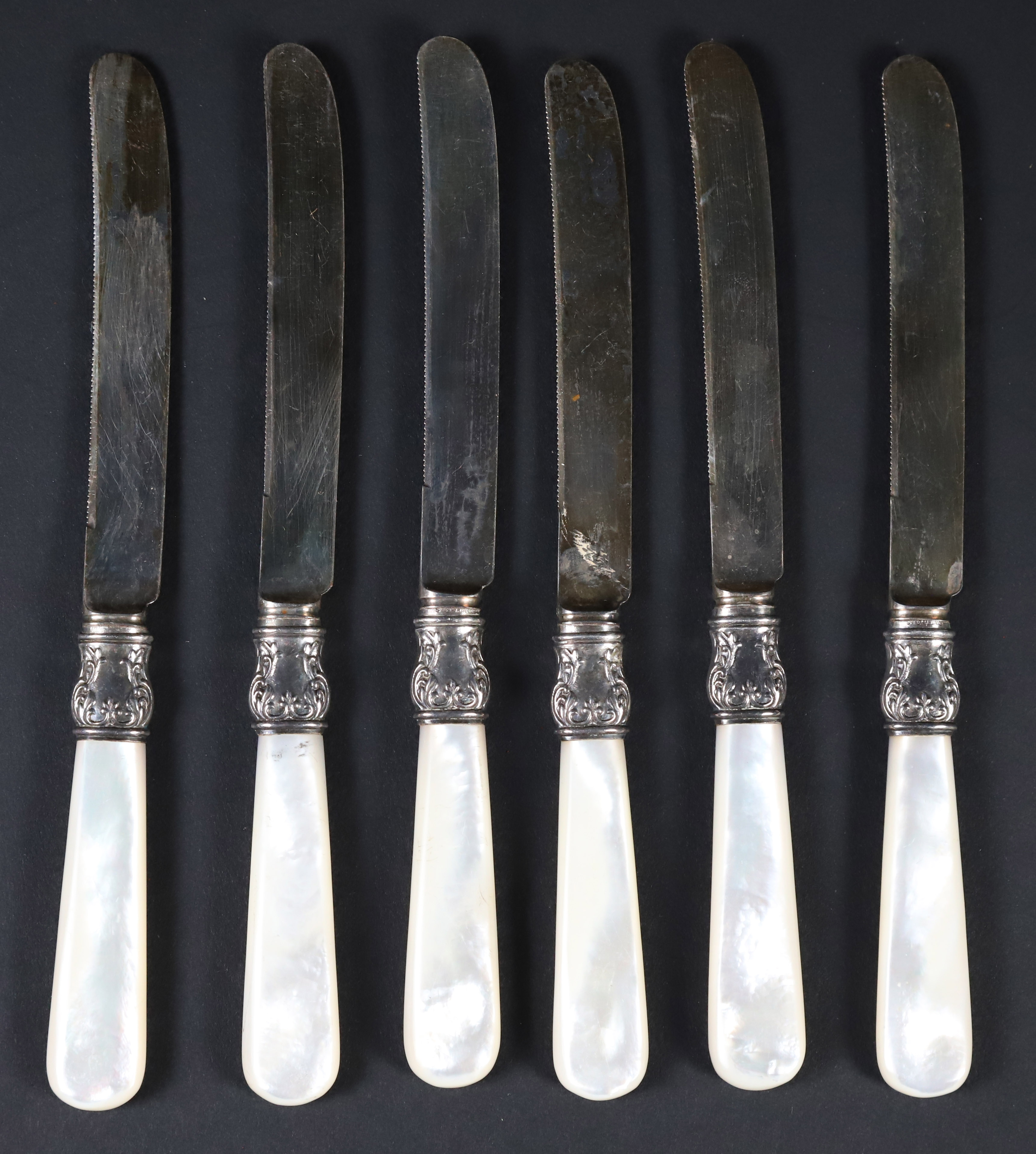 Set of Six Sterling Silver and Mother of Pearl Handle Fruit Knives ...