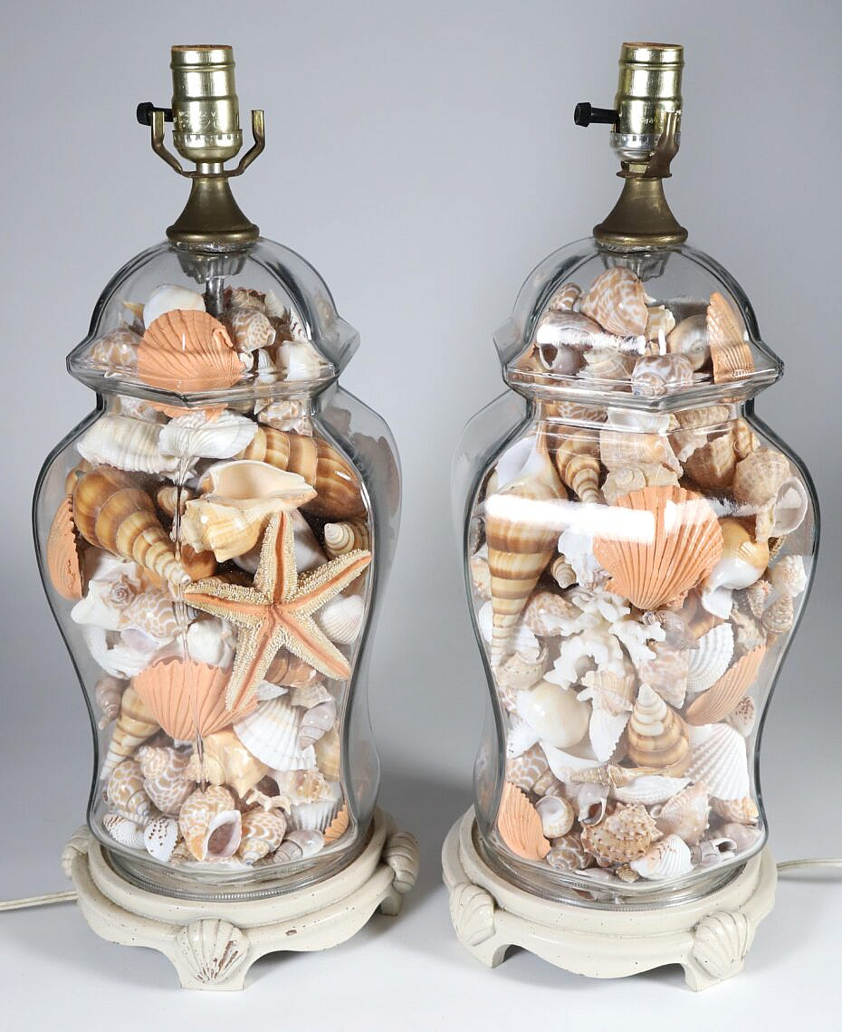 Pair of Decorative Seashell Filled Clear Glass Lamps - Pair of ...