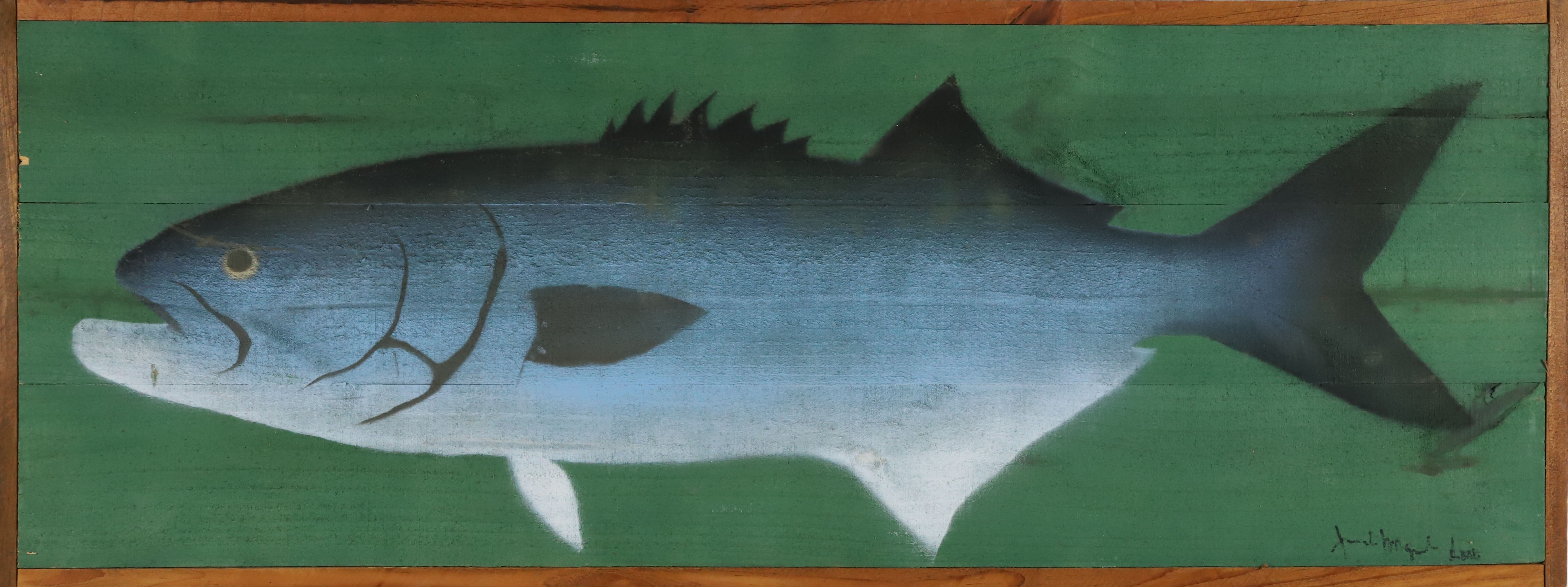 Folk Art Oil on Panel "Bluefish" - Folk Art Oil on Panel "Bluefish ...