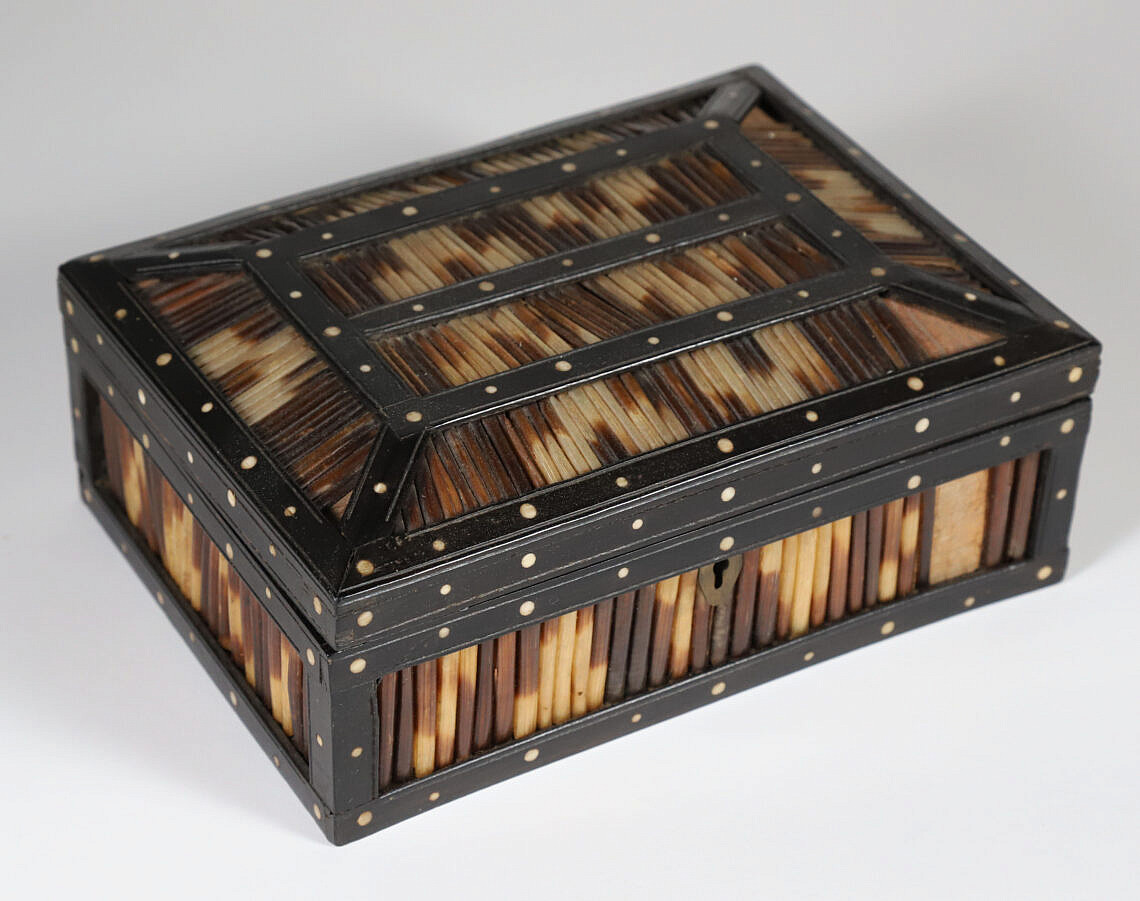 Antique Porcupine Quill Lift Top Box with Ebony Trim and Bone Inlaid ...