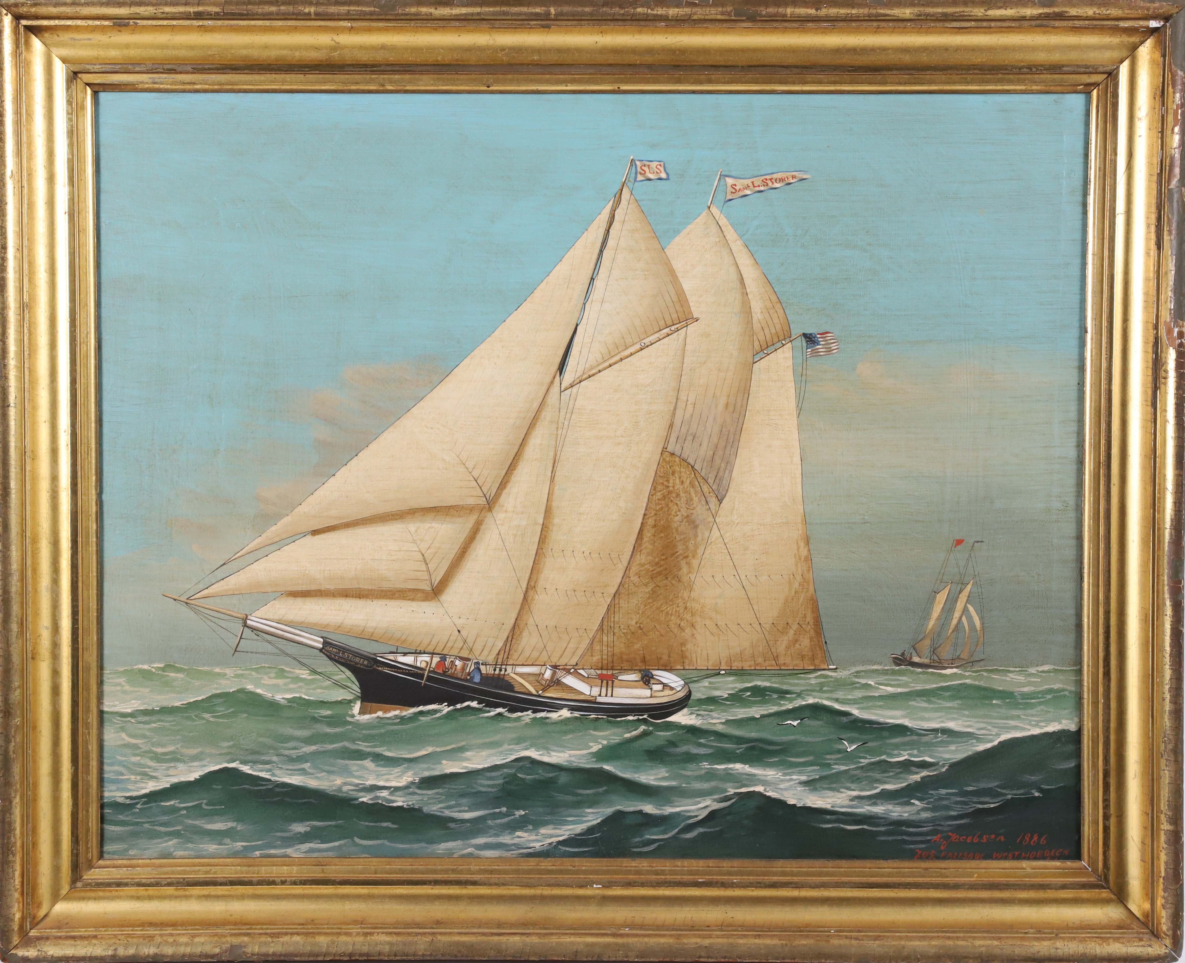 Antonio Jacobsen Oil on Canvas "Portrait of the Ship Sam L. Storer ...