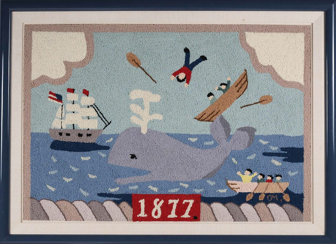 Framed Claire Murray Hooked Rug "A Stove Boat 1877" - Framed Claire ...