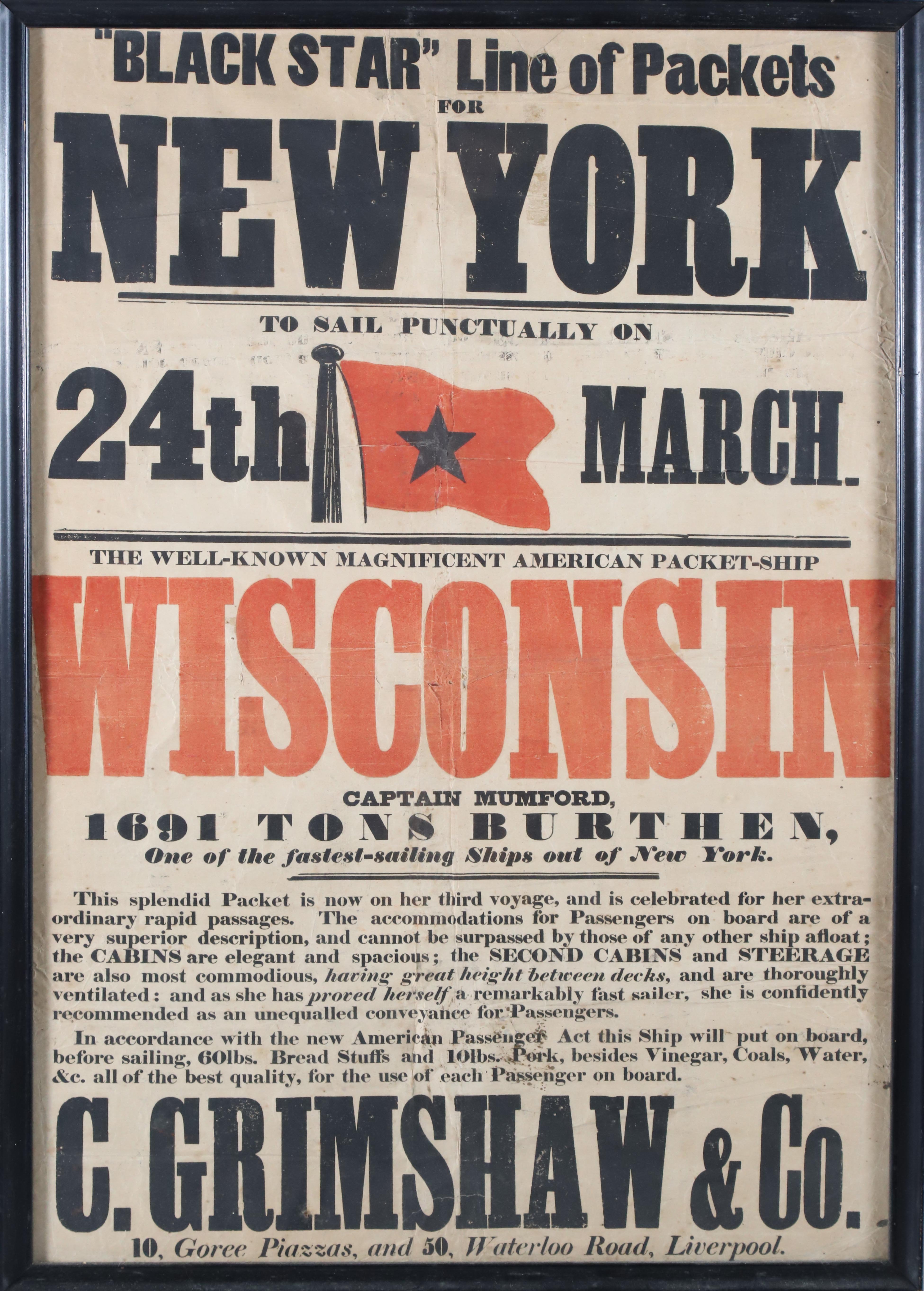 Poster: "Black Star Line of Packets for New York/ Packet-Ship Wisconsin ...