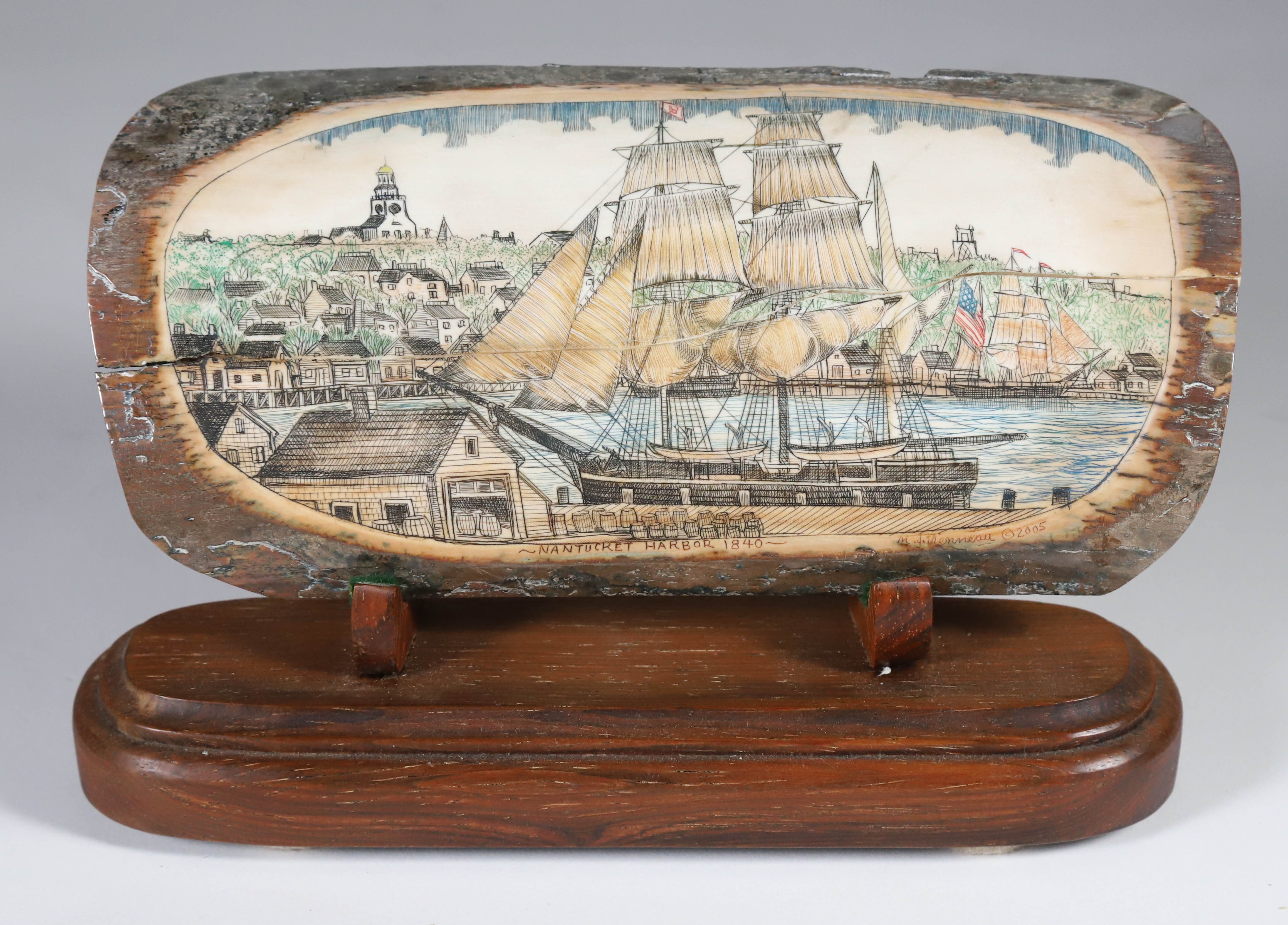 Michael Vienneau Fossilized Scrimshaw Plaque Depicting Nantucket Harbor ...