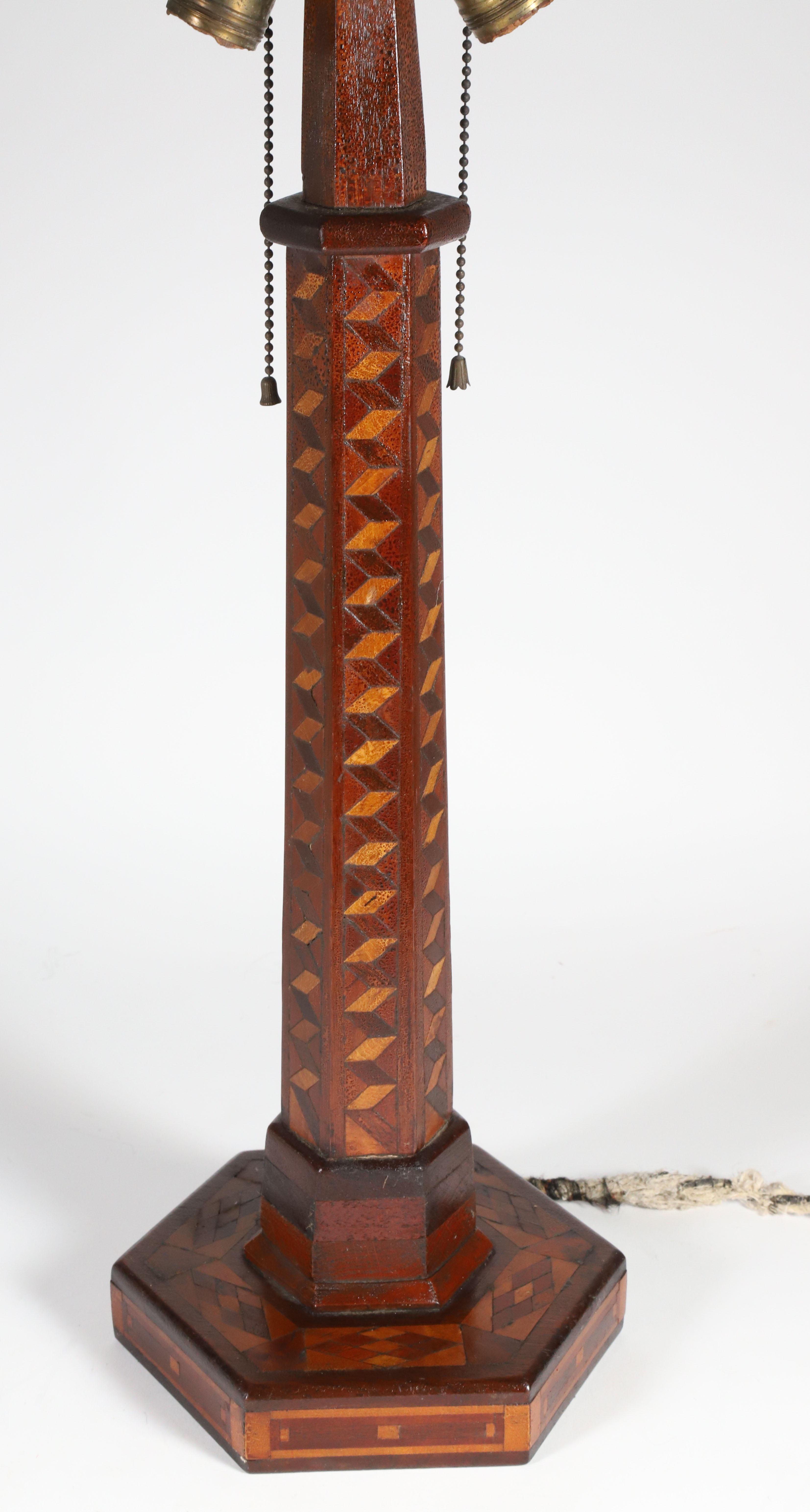Vintage Arts and Crafts Multi-Wood "Tumbling Block" Inlaid Column Lamp ...