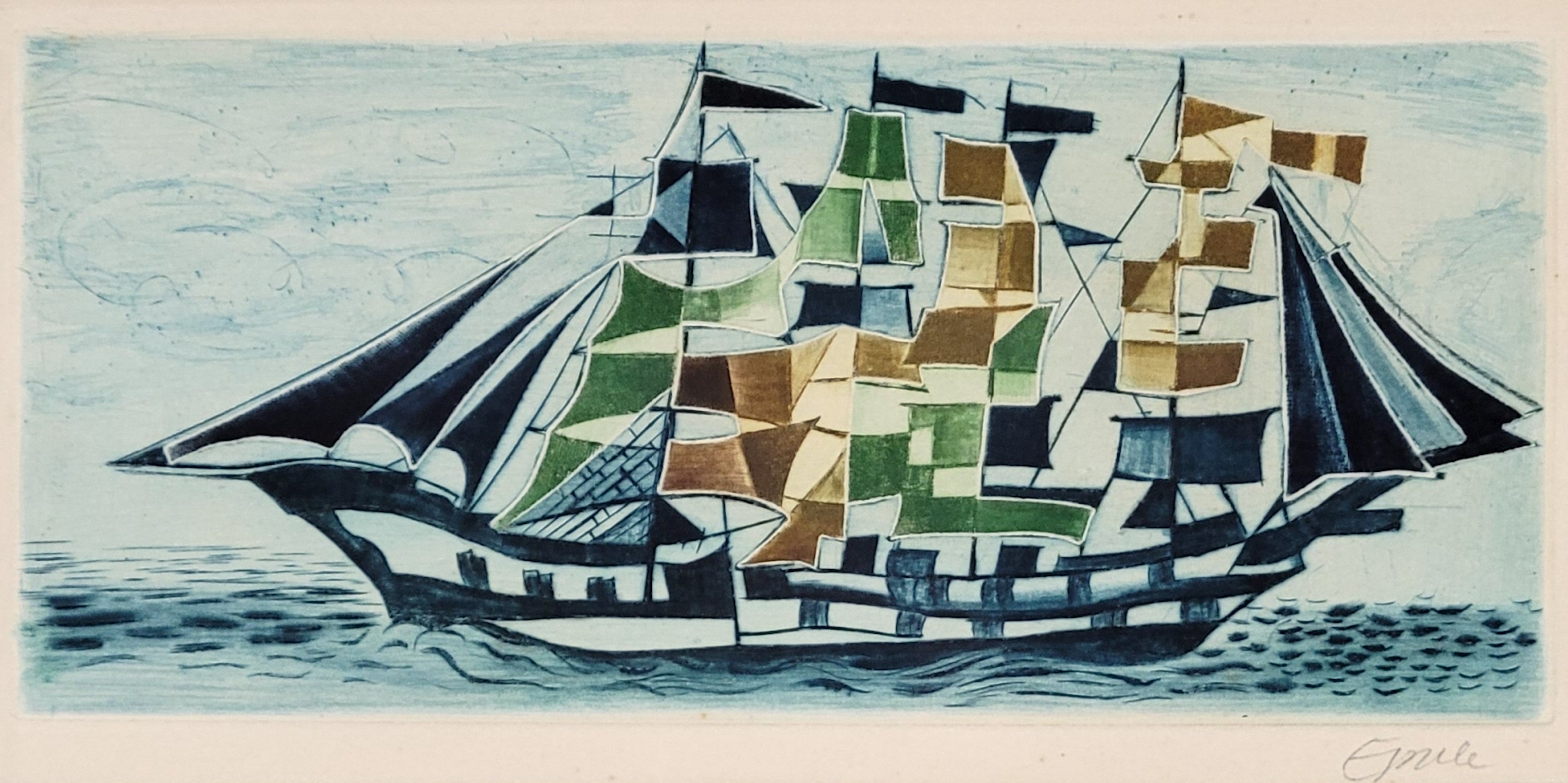 Whimsical Mid Century Modern Nautical Sailing Ship Engraving ...