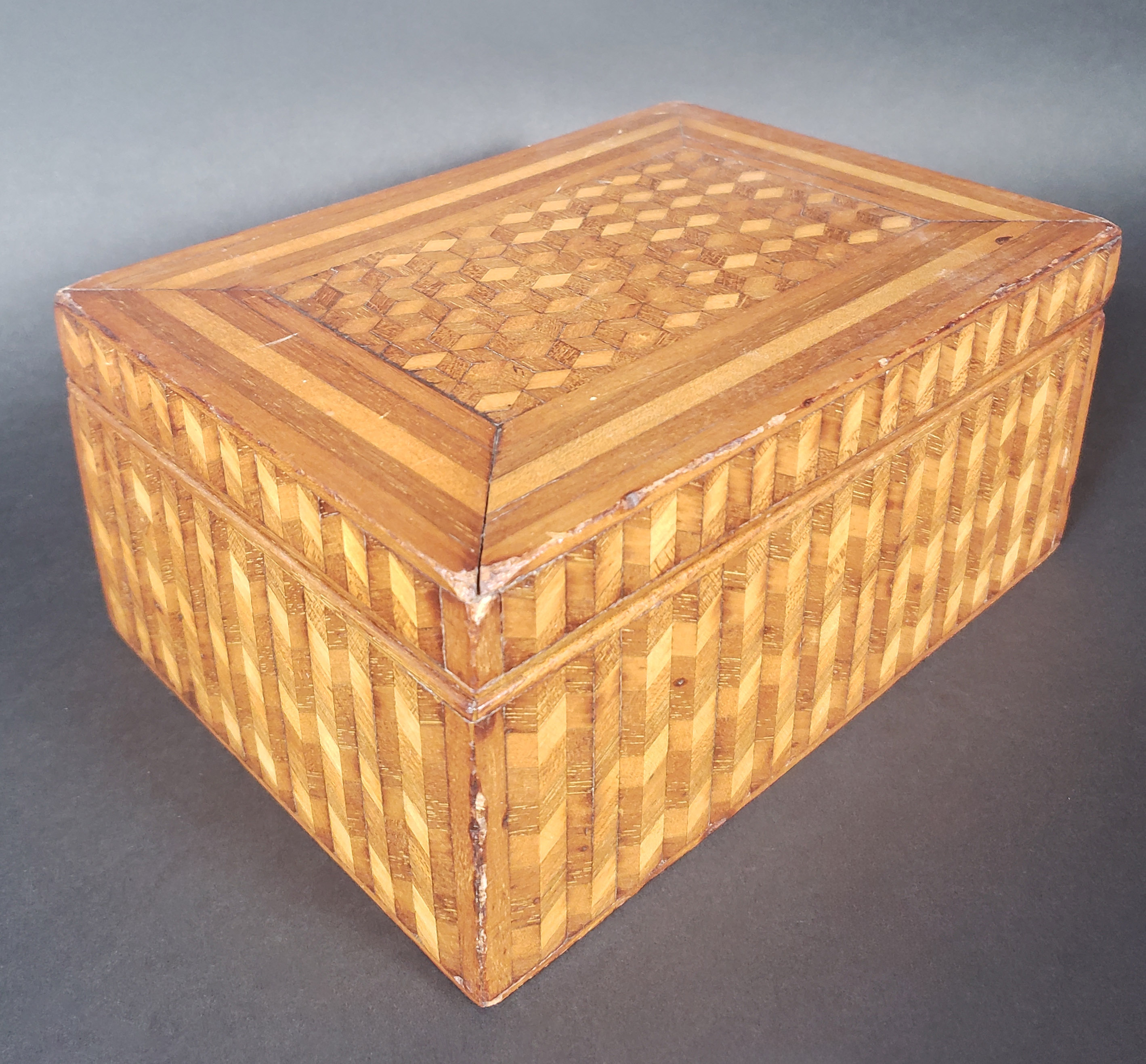 Antique Inlaid Box - Antique Tumbling Block Geometric Multi Wood Inlaid ...