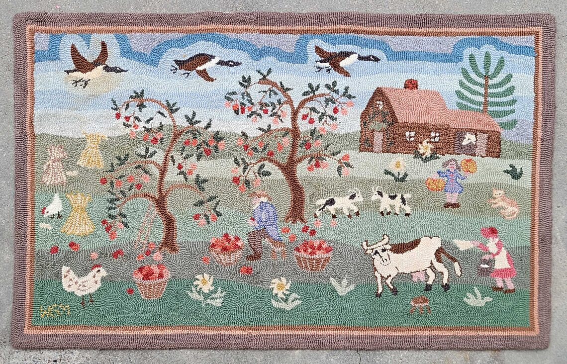 Farm Scene Hooked Rug Signed W.G.M. - Farm Scene Hooked Rug - Rafael ...