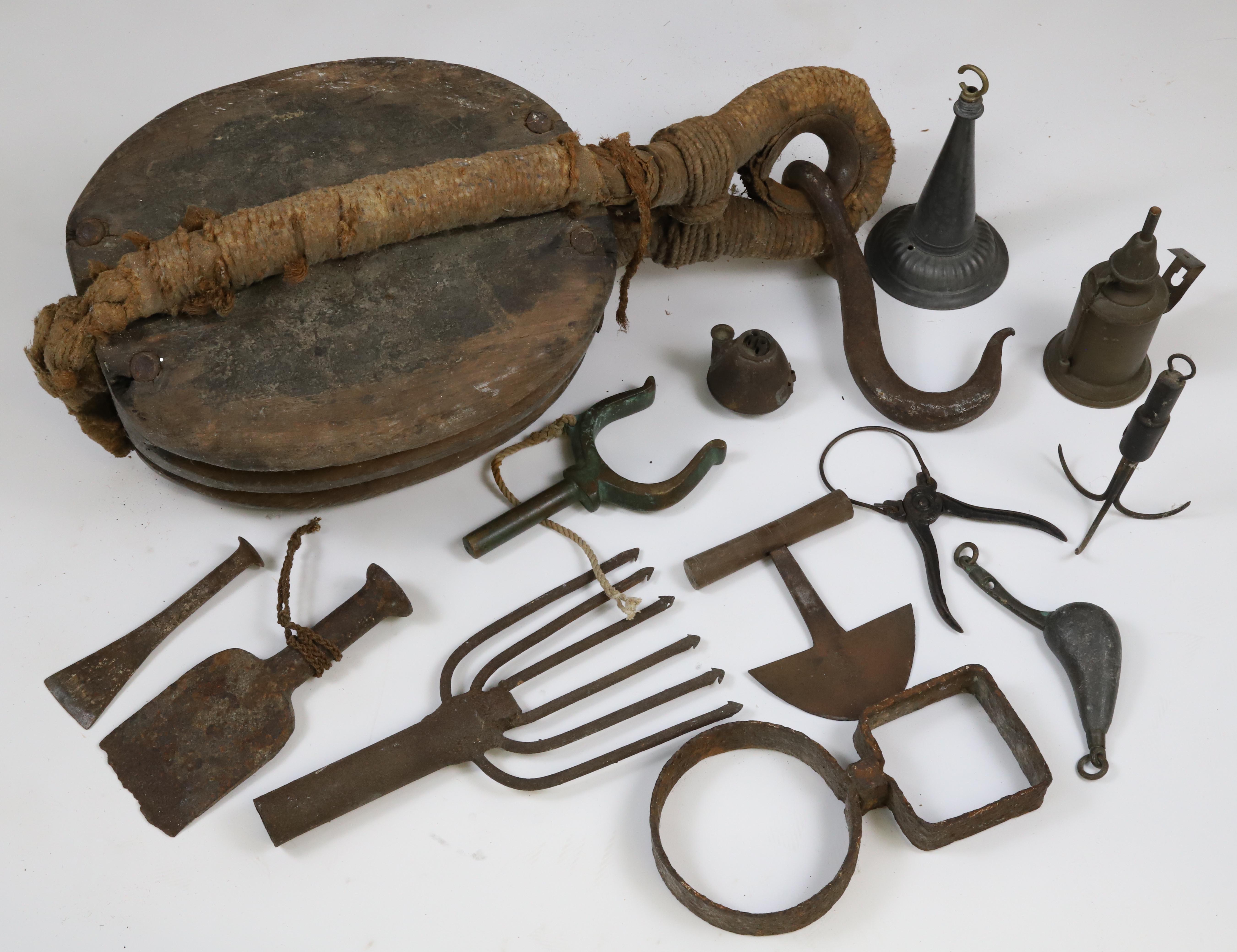 Large Double Sheave Ship's Block Accompanied By Twelve Ship Related ...